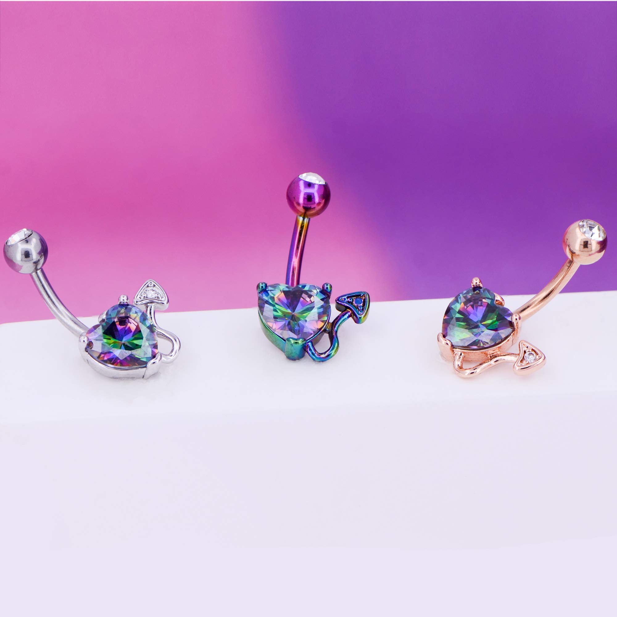 Jewseen Devil Heart Belly Button Rings 14G Surgical Steel Navel Barbells Iridescent CZ Body Piercing