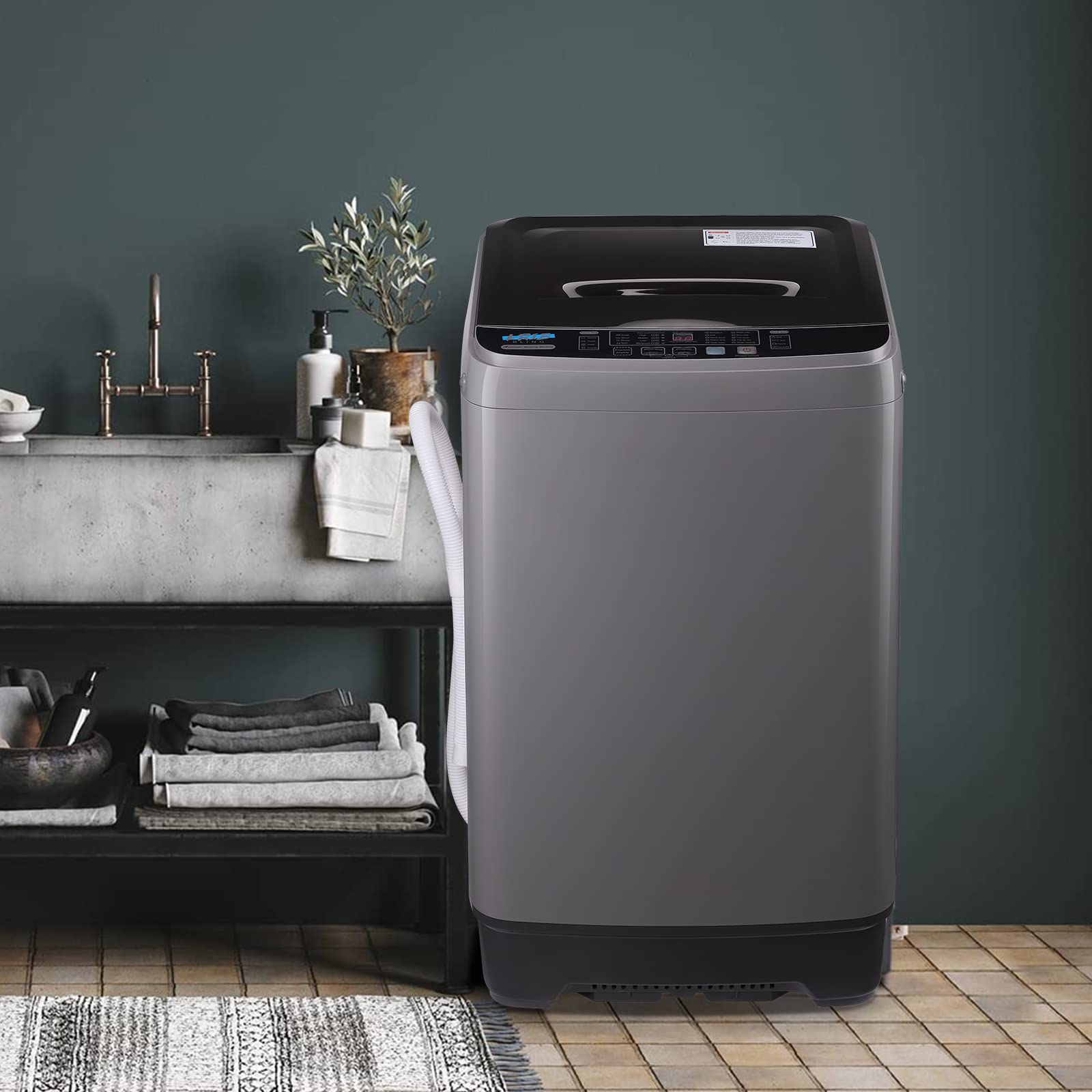KRIB BLING 17.7 lbs Full Automatic Washing Machine with LED Display Compact Washing Machine with Drain Dump, 10 Wash Programs and 8 Water Levels Ideal for Dorms, Apartments, RV, Grey