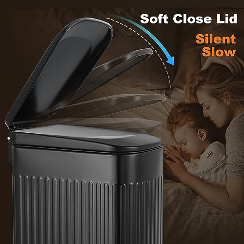 TrashAid Small Black Bathroom Trash Can with Lid Soft Close, 6 Liter / 1.6 Gallon, Stainless Steel Garbage Can with Removable Inner Bucket, Step Pedal, Slim Wastebasket for Toilet, Office, Bedroom