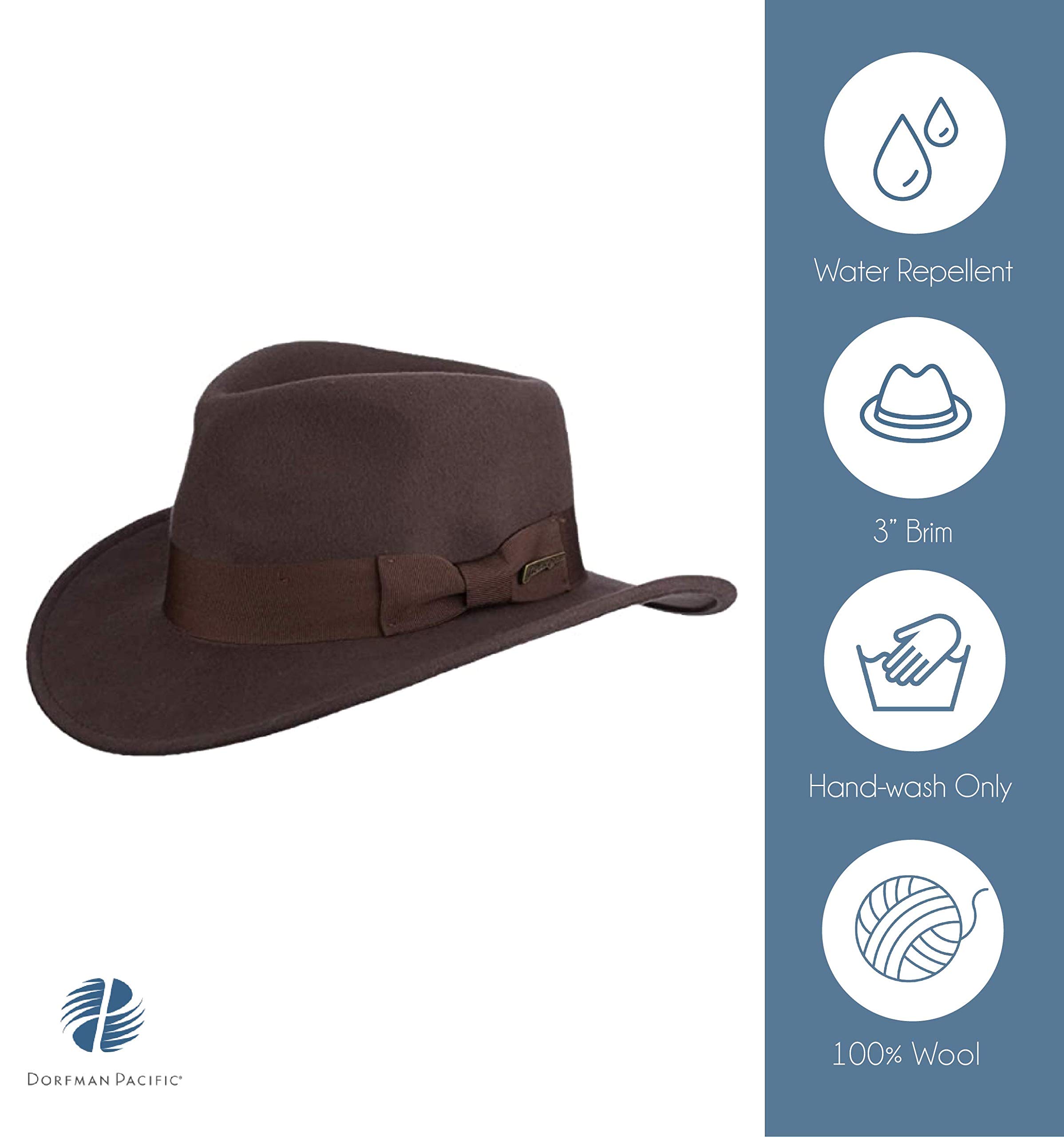 Indiana Jones Men's Water Repellent Wool Felt Fedora, Brown, Large