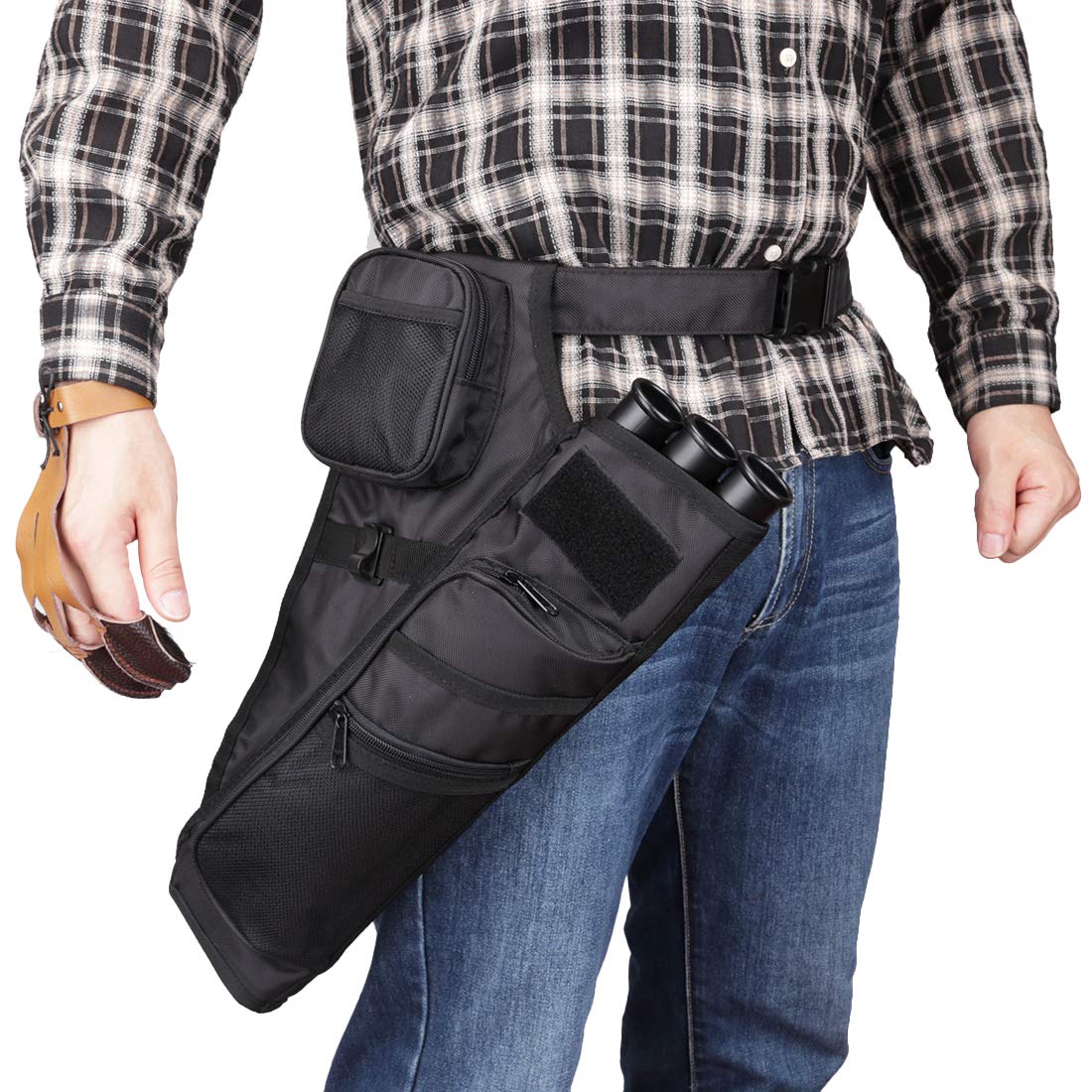 Kratarc 3-Tubes Hip Quiver Waist Hanged Camouflage Arrow Archery Carry Bag with Pockets Adjustable Belt (Black)