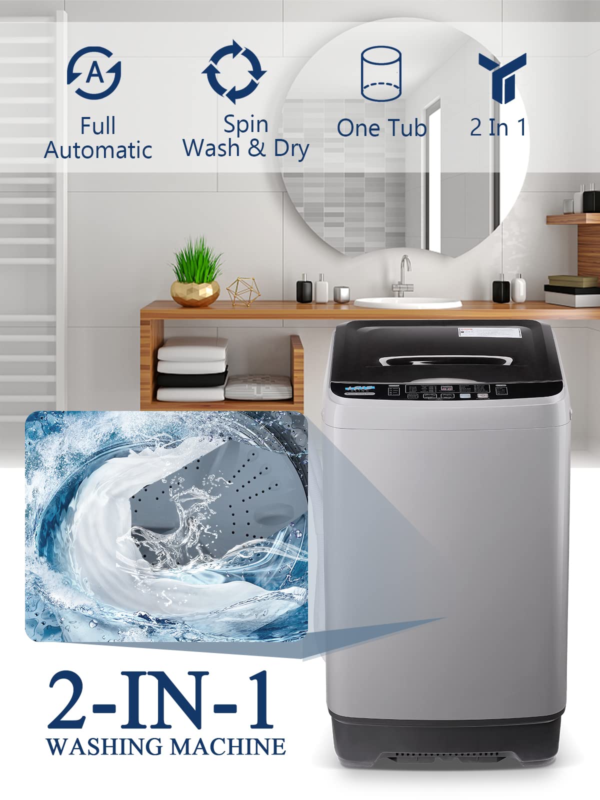 Krib Bling 17.7 lbs Full Automatic Washer with Drain Pump, Washing Machine with LED Display, 10 Washing Programs & 8 Water Levels Selections, Ideal for Camping, Apartment, Dorm, Dark Grey