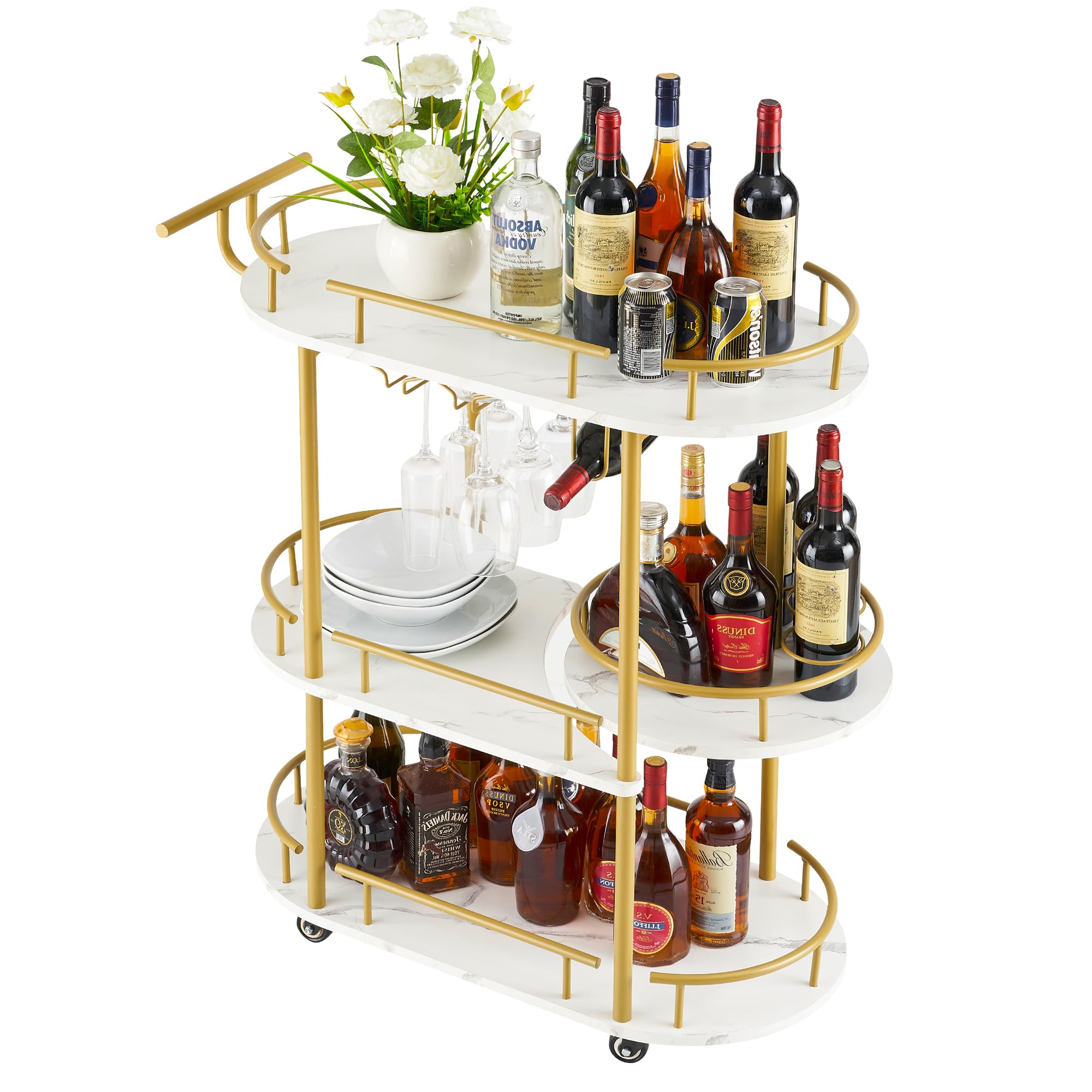 J-yaamiZz Gold Bar Carts with 4-Tier Storage Shelves, Mobile Bar Serving Cart with Wine Rack and Glass Holder for Kitchen, Living Room, Dining Room