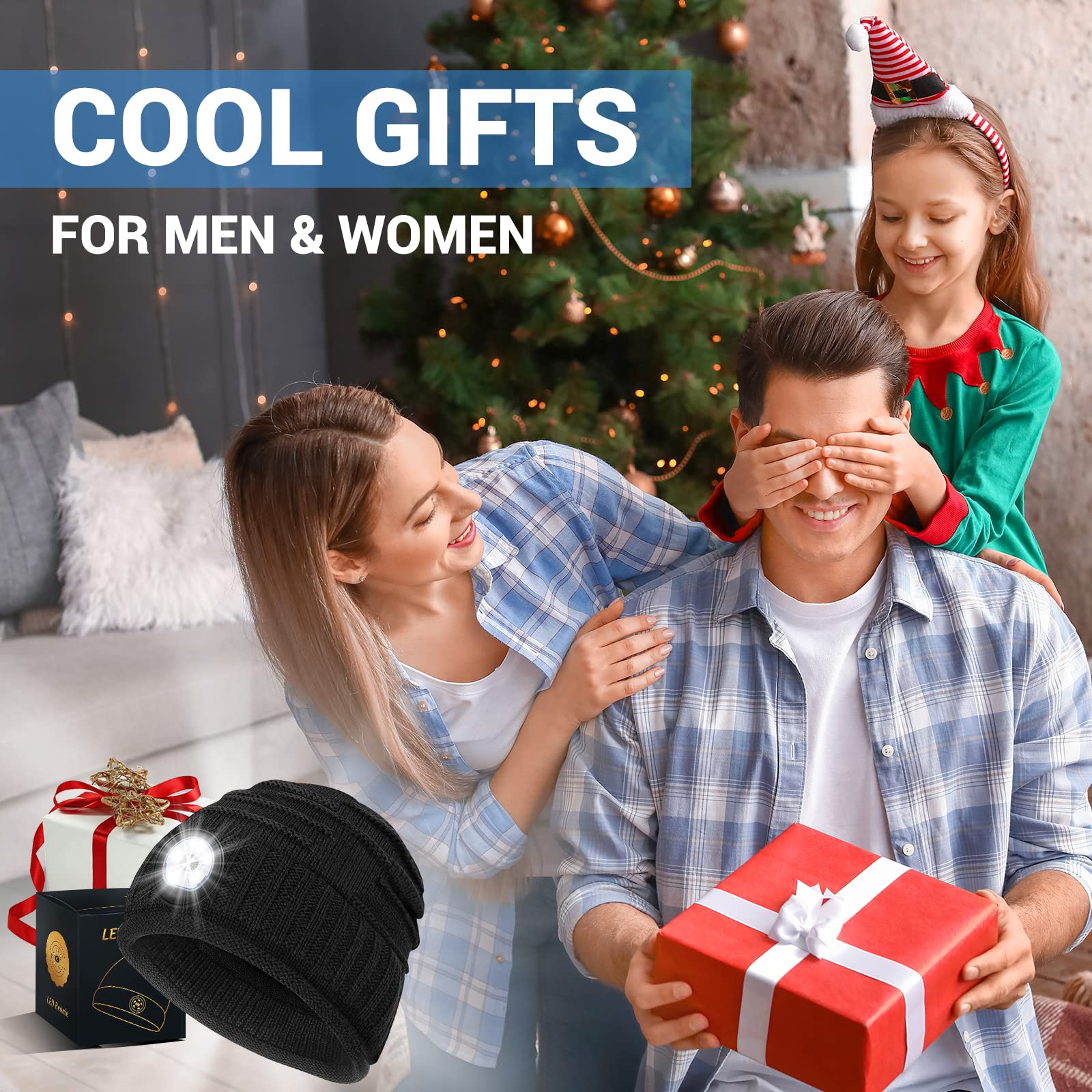 Mens Gifts Beanie Hat with Light: Stocking Stuffers Women Men Rechargeable Cap LED Flashlight Winter Hats Gift Ideas for Dad Black