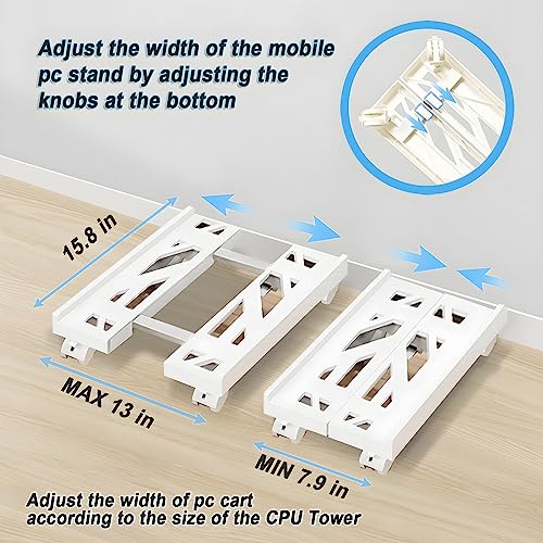 Kriico Computer Tower Cart, Adjustable Mobile CPU Stand, PC Stand with Rolling Casters, CPU Raise Fits Most PC Gaming Office Desk Accessories(White)