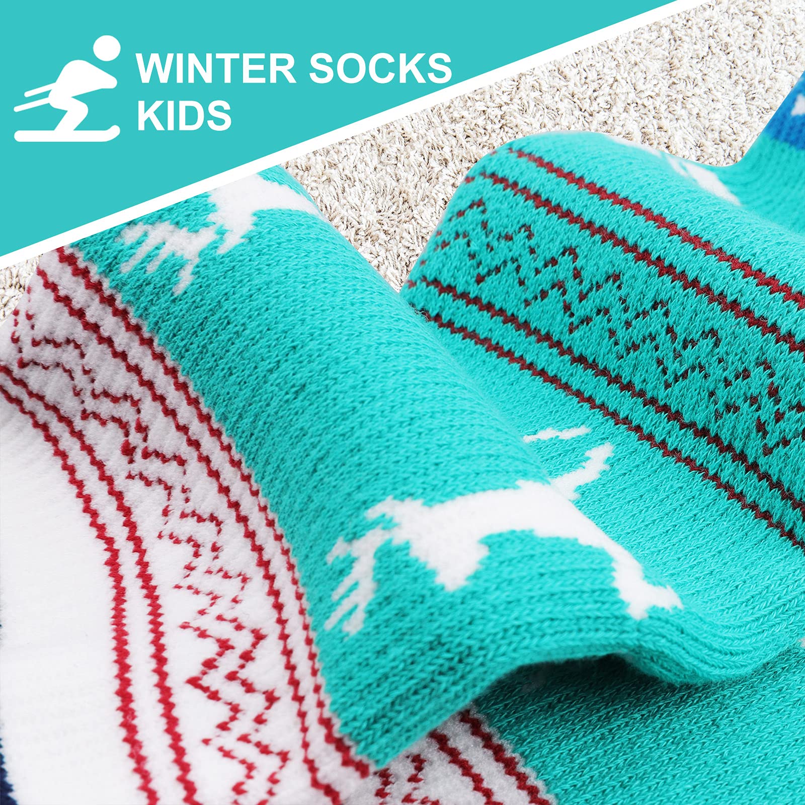 Kids Winter Ski Socks, Warm Socks for Boys Girls Skiing Snowboarding Ages 5-8 Years (S, Orange+Blue+Red)