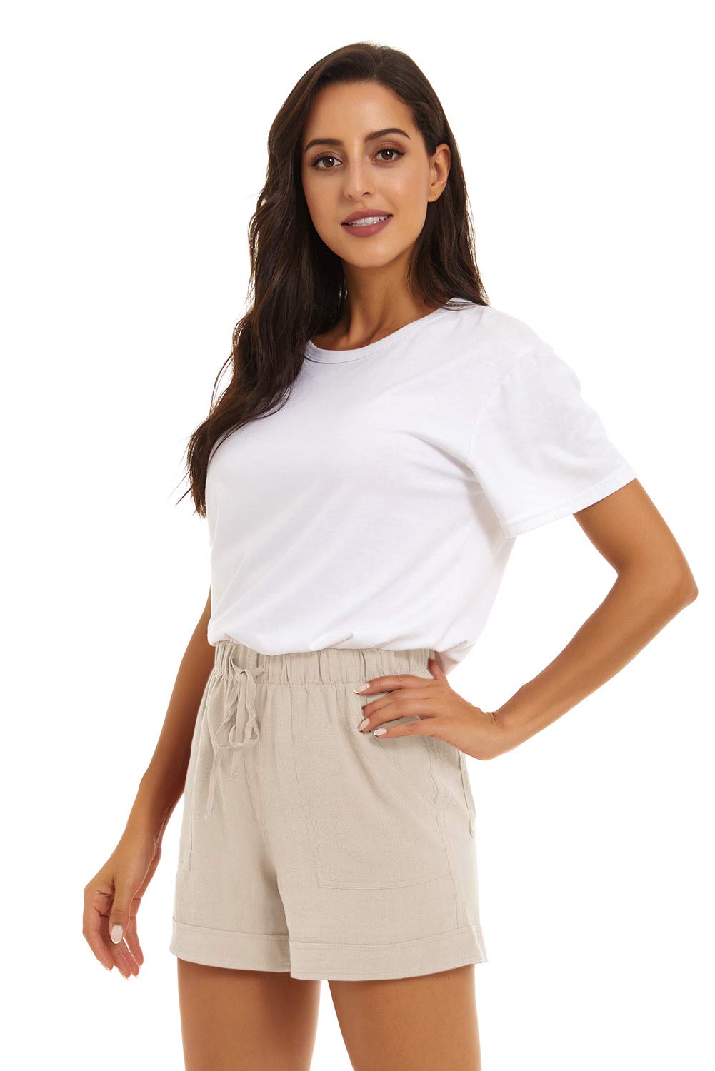 KINGFEN Womens Shorts Casual Lounge Cotton for Summer Mid Rise Elastic Waist Linen Beach Pull On Comfy Drawstring Stretchy Short with Pockets Beige Small