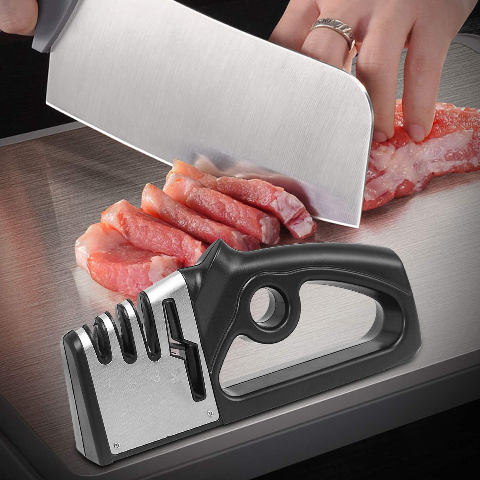 Knife Sharpener, 4-in-1 Kitchen Knife Accessories, Manual Knife&Scissor Sharpener, Handheld House knife sharpener for All Sized Household Knives and Scissors (B-02)