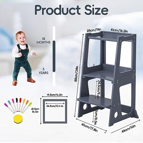 Kitchen Toddler Tower, Toddler Step Stool Learning Standing Tower with Whiteboard 2 in 1 Convertible Table and Chair, Removable Safety Rail, Widened Platforms for Kitchen Counter Bathroom Sink
