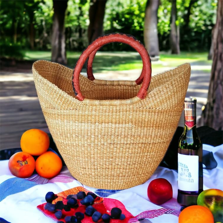 Large Dye Free Yikene Shopper -Ghana Bolga Basket Fair Trade - 16"-19" Across - Black & Tan Handles