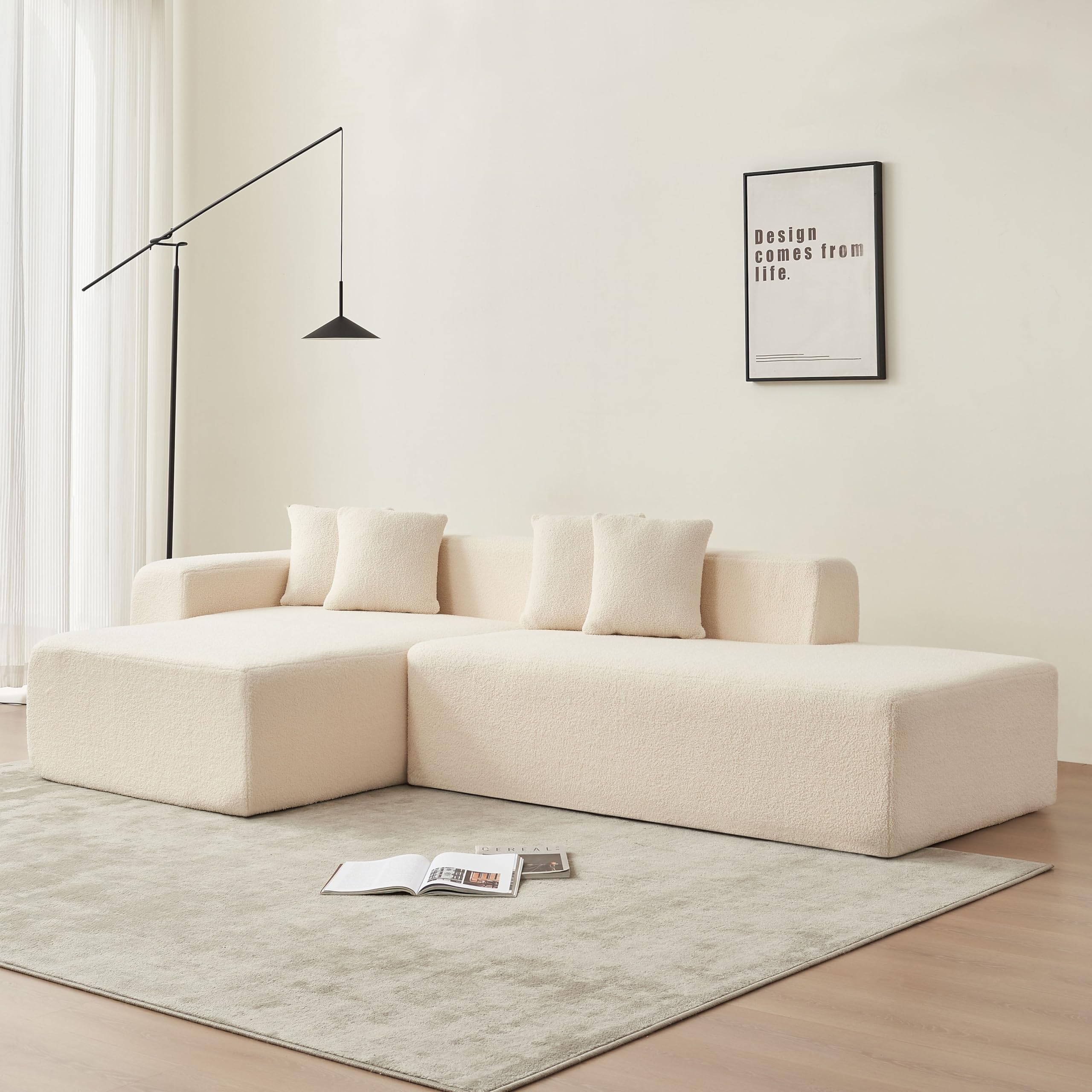 Tosaronia 105.5 X 60.2 Sectional Sofa L Shaped Couch with Sherpa Fabric,3 Seat Corner Sofa Couch,Modern Upholstered Couch with 4 Pillow Right Chaise Lounge for Living Room Apartment Office(Beige)