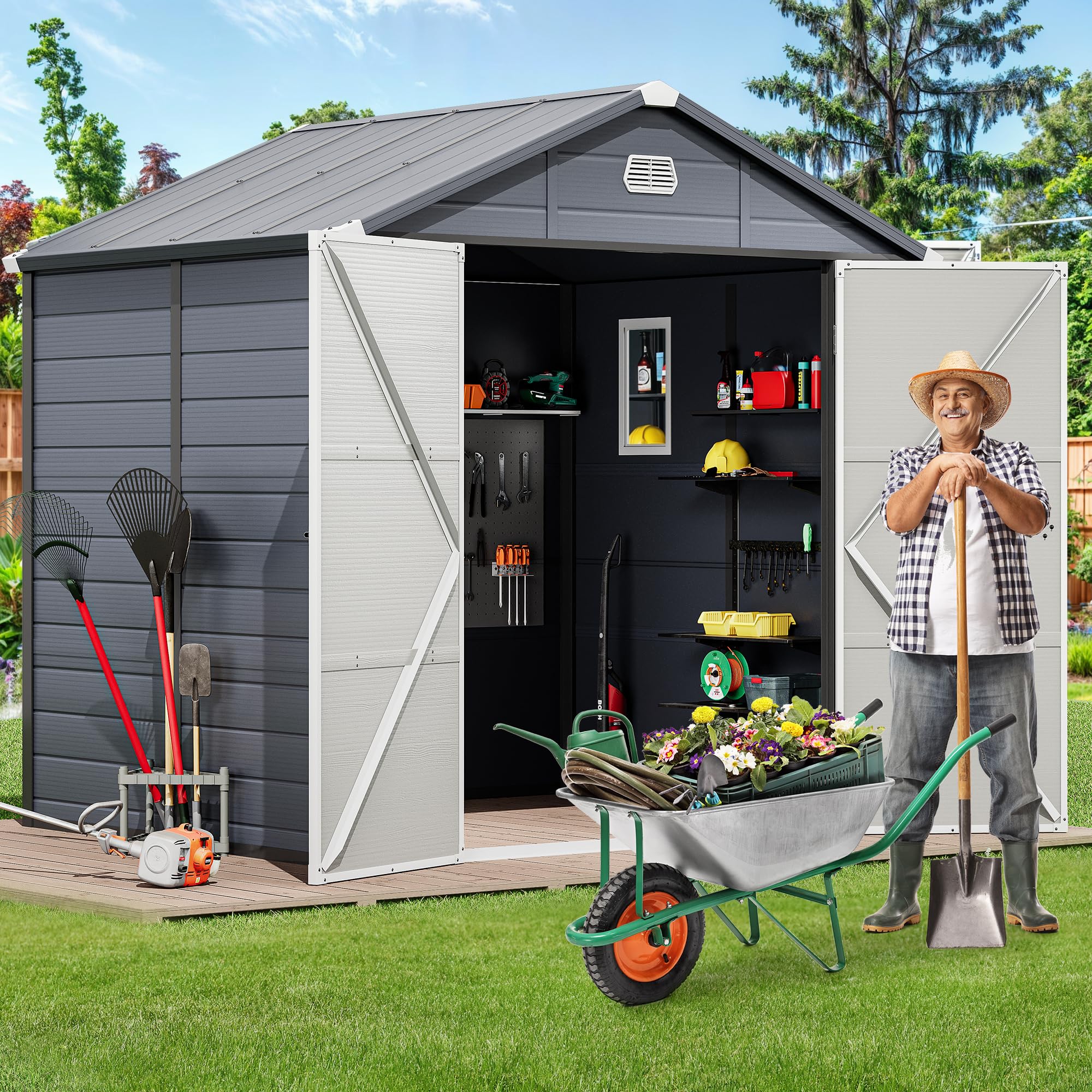 YITAHOME 7.87x6.2FT Outdoor Resin Storage Shed w/o Floor, All-Weather Plastic Shed with Lockable Doors, Window & Vents, Plastic Tool Shed for Backyard, Patio, Poolside, Lawn, Dark Gray