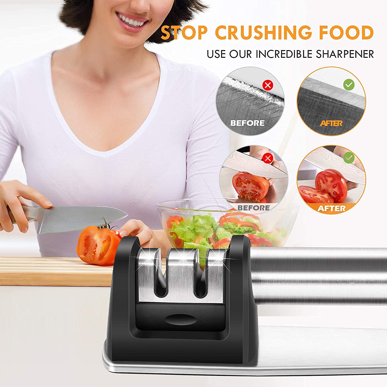 Knife Sharpener Kitchen Knife Accessories, HWTONG 2-Stage Knife Sharpener Helps Repair, Restore, Polish Blades and Microfiber Wipe