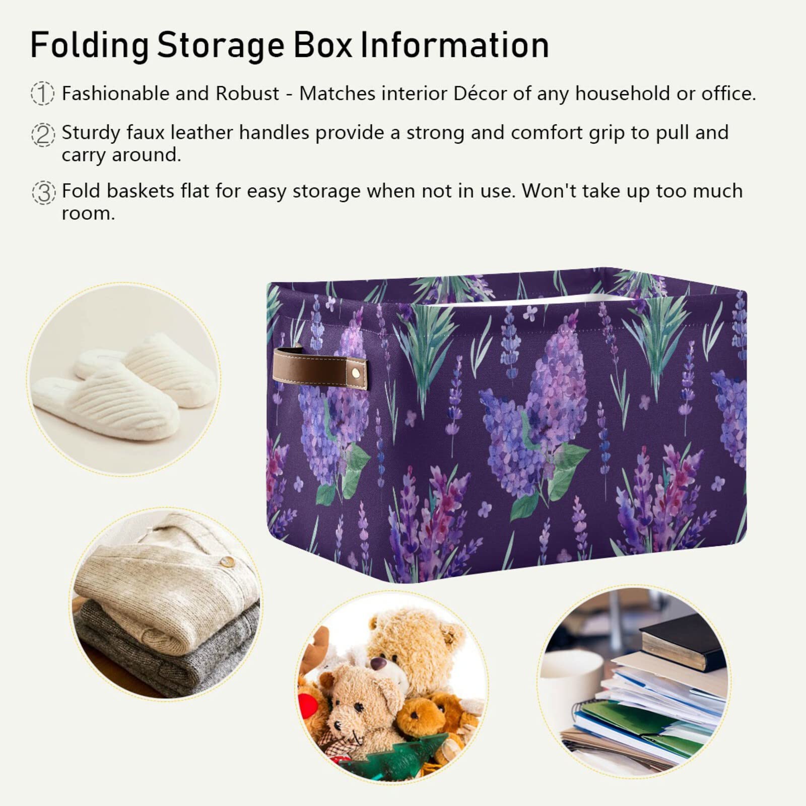Large Foldable Storage Basket Lavender Flowers Purple Floral Storage Bin Canvas Toys Box Fabric Decorative Collapsible Organizer Bag with Handles for Bedroom Home