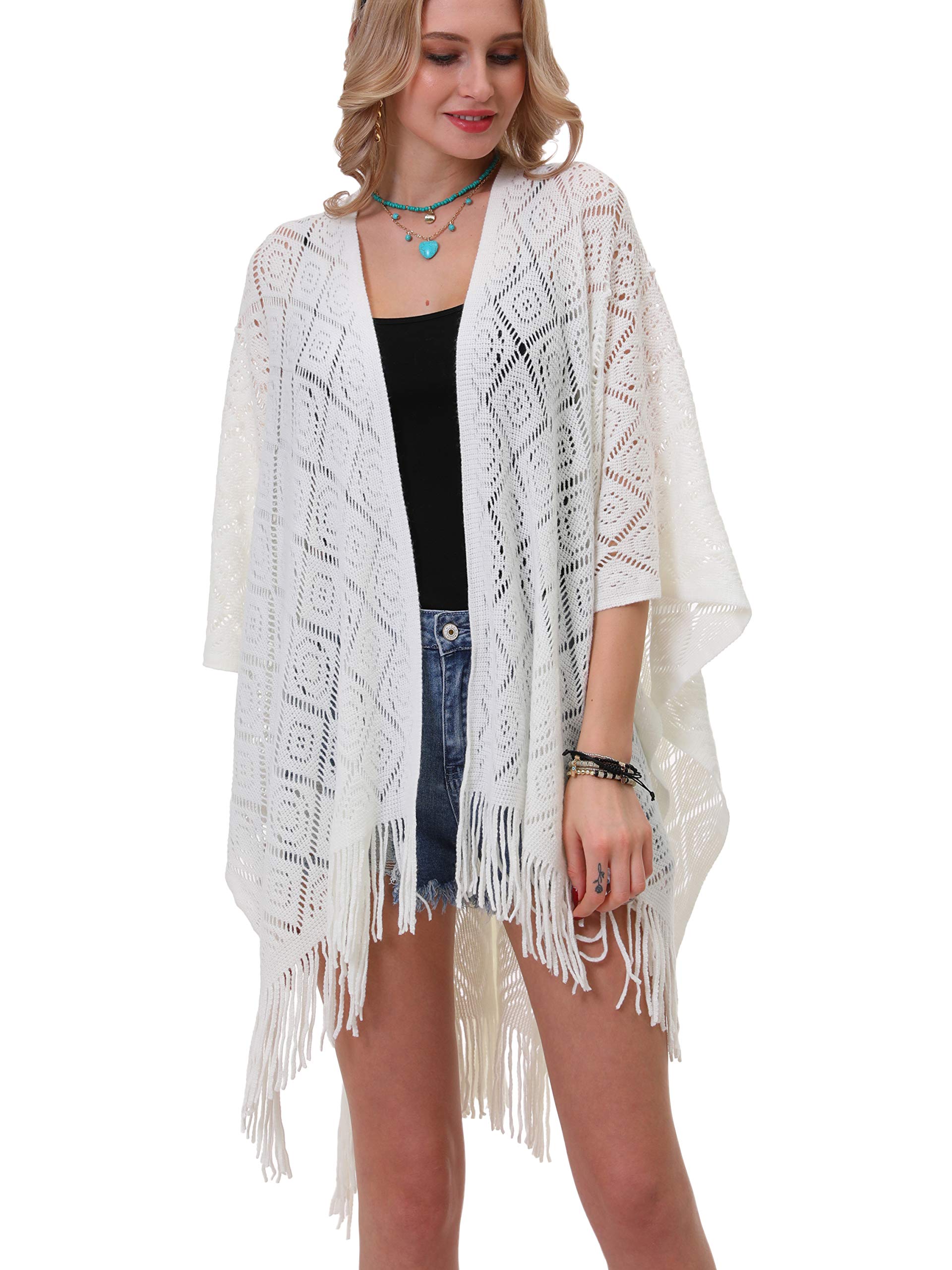Knit Shawl Wrap for Women - Soul Young Ladies Fringe Knitted Poncho Cardigan Cape(One Size,Cream White Block)