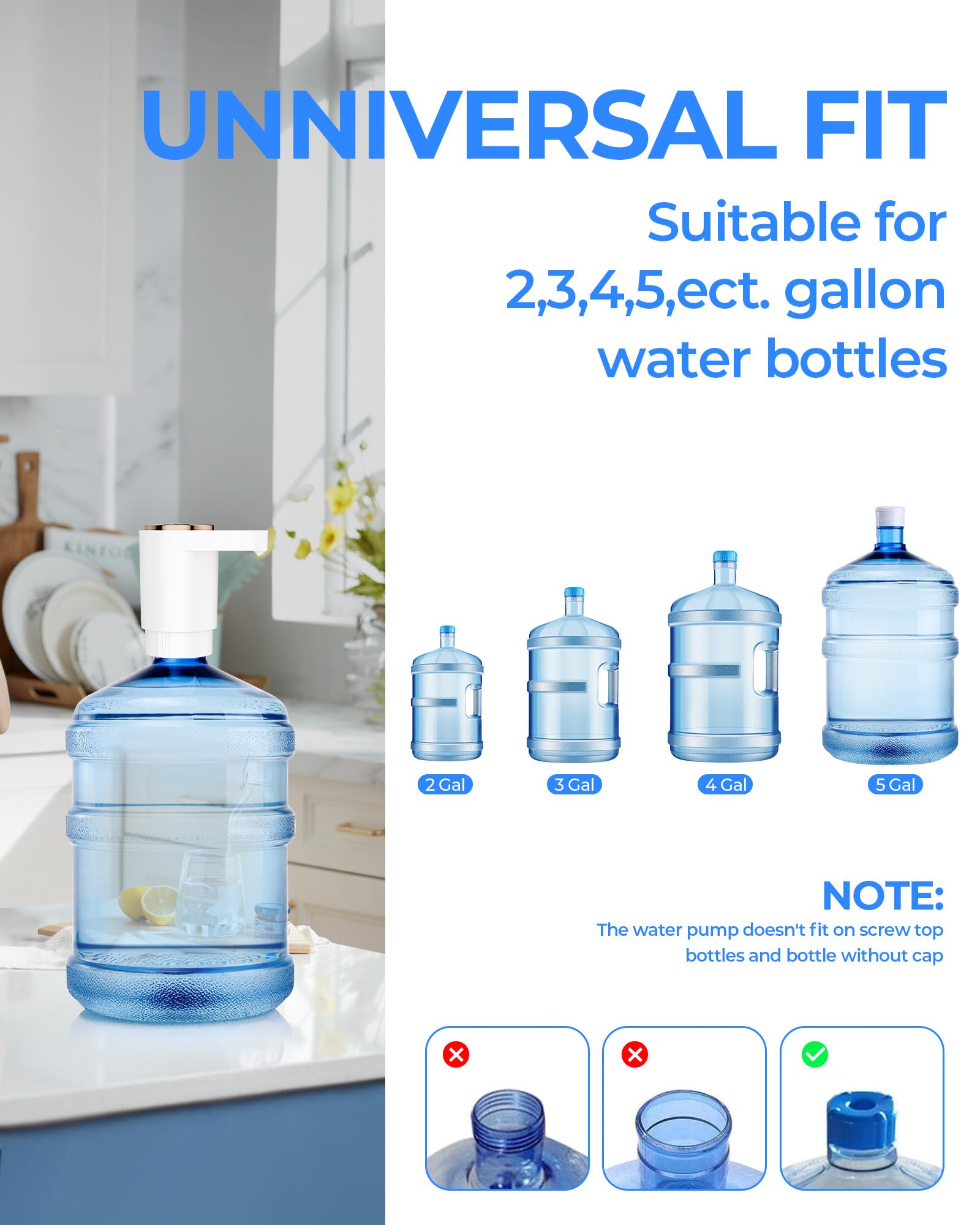 Water Bottle Pump, Portable Electric Water Dispenser Pump for 5 Gallon Bottles - USB Charging, Automatic Switch, Rechargeable Battery for Home Kitchen Room Camping