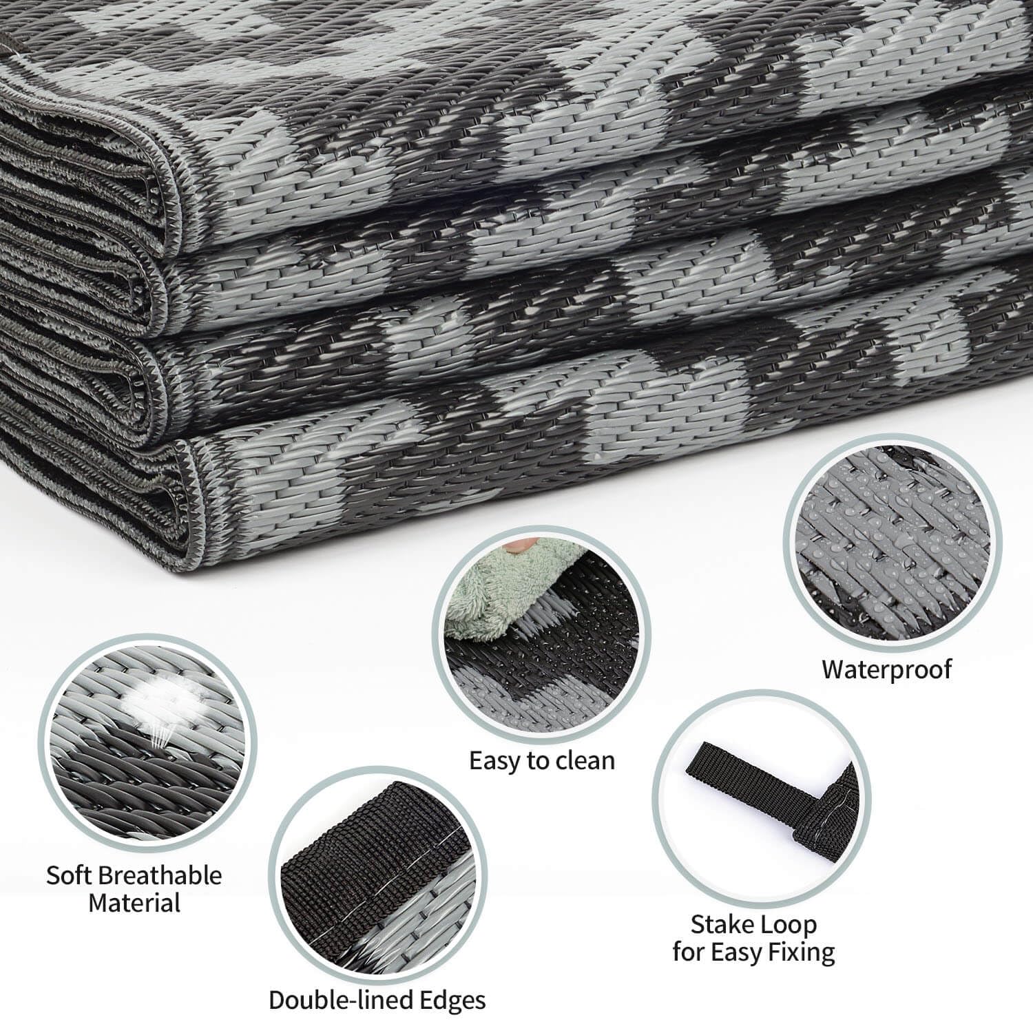 Kalafun Outdoor Patio Rug, Waterproof Area Rug for Patios, Plastic Straw Carpet, 4x6 ft, Blue Grey