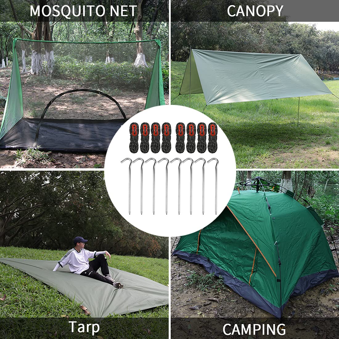 KRATARC Outdoor Camping Tent Stake Pegs with Guyline Guy Rope Adjuster Tensioner Backpacking Hiking (Black- 8PCS)