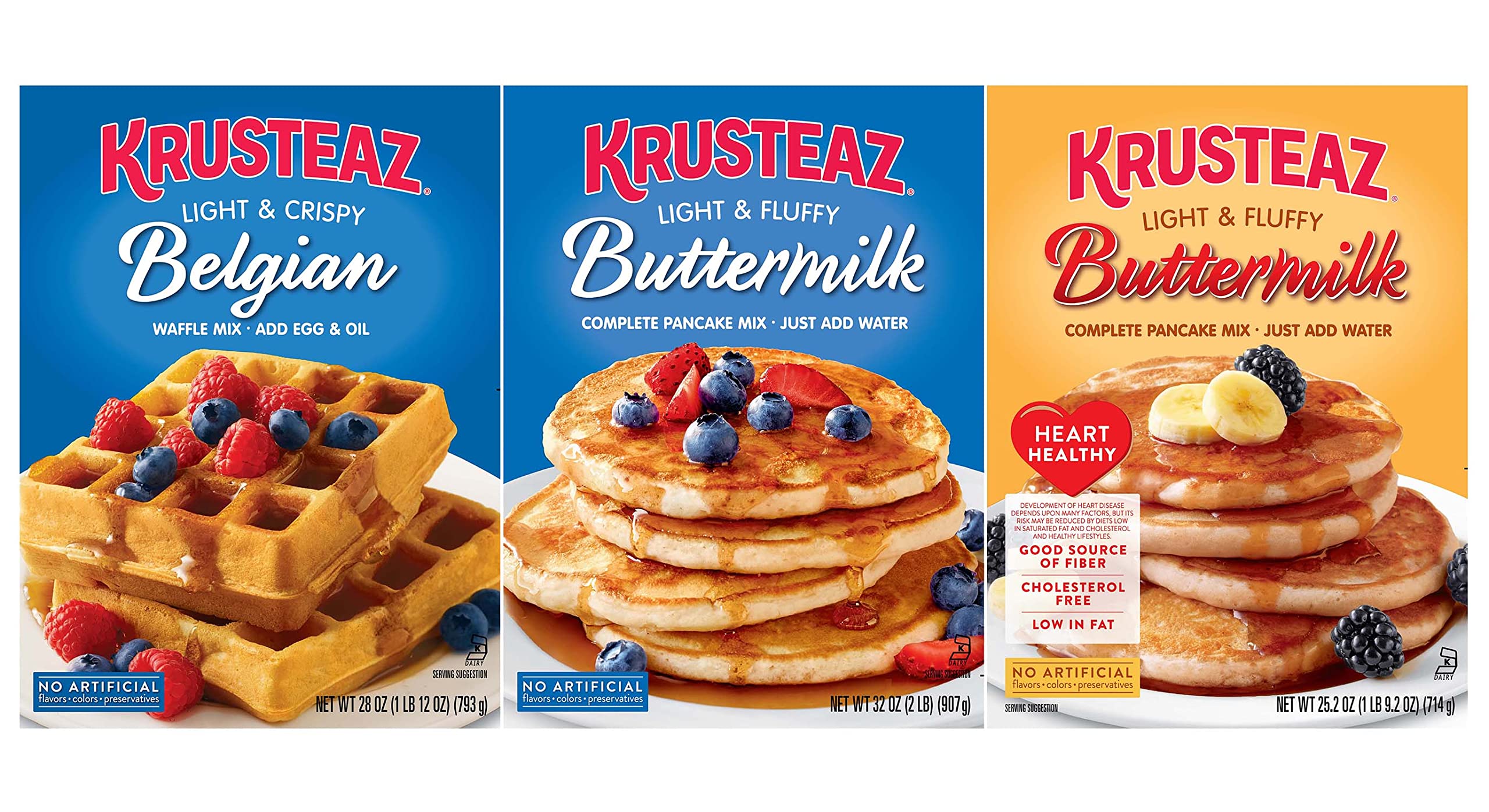 Krusteaz Waffle & Pancake Mix Variety Pack, 1 Belgian Waffle Mix (28 oz), 1 Buttermilk Pancake Mix (32 oz), 1 Heart Healthy Buttermilk Pancake Mix (25.2 oz), (3 CT)