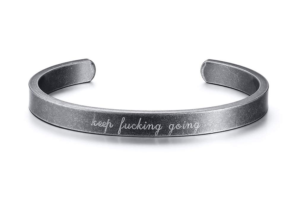 MEALGUET Personalized Cuff Bracelet Stainless Steel Inspirational Bracelets Free Custom Engraved Name Mantra Text Bangle Open Cuff Bangle for Men Women,Antique Grey, 6mm Width