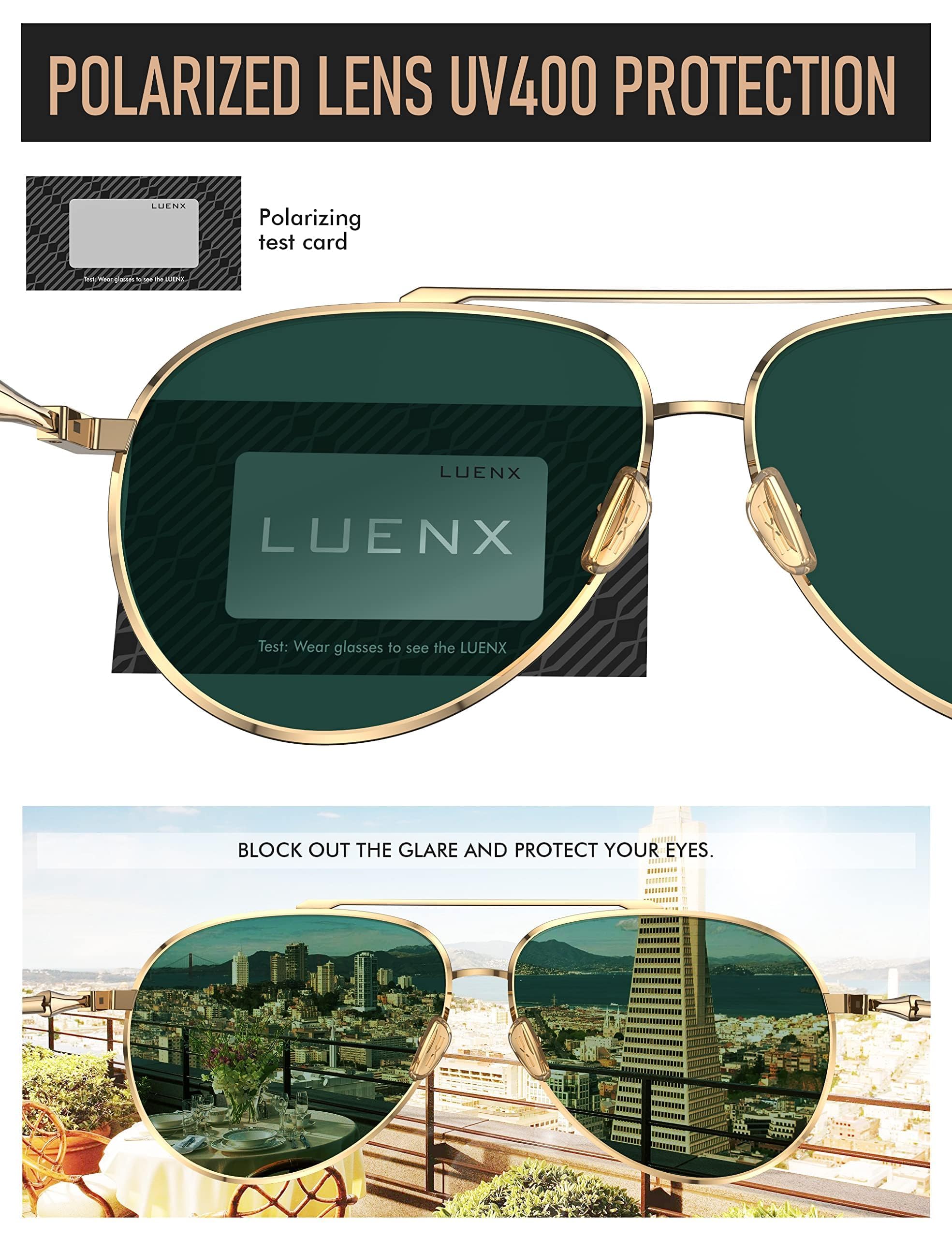 LUENX Men Women Aviator Sunglasses Polarized - UV 400 Protection Black Non Mirror Lens Metal Frame with Accessories 60mm