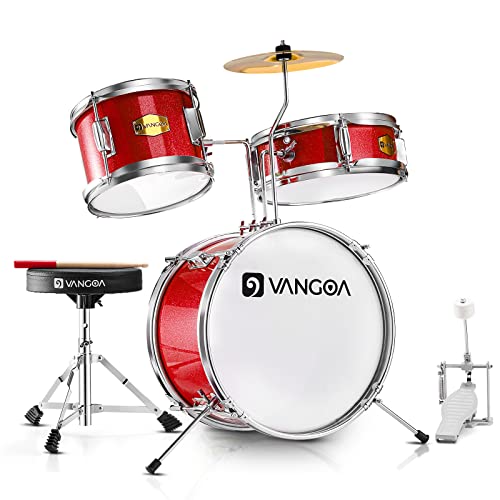 Kids Drum Set, 14 Inch Student Drum Kits for Beginner, Snare Tom Bass Mini Drum Kit for Kids Age 3-7, 3-Piece with Adjustable Throne Cymbal Pedal & Drumsticks, Red