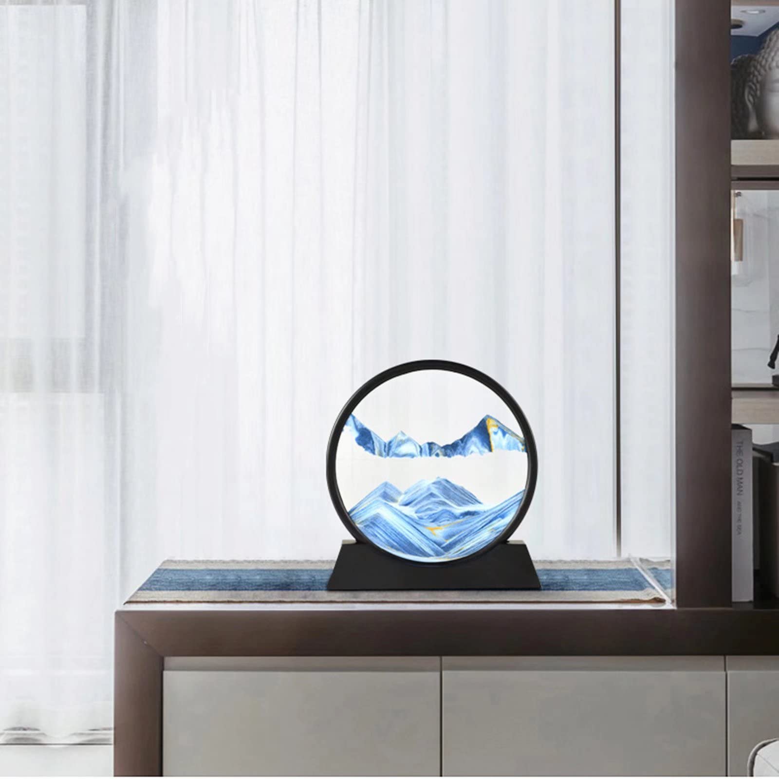 MUNSCVUS Moving Sand Art Picture in Motion, Round Tempered Glass 3D Deep Sea Sandscapes with Display Flowing Sand Frame for Relaxing Desktop Home Office Work Décor for Kids Adults (Blue, 12inch)