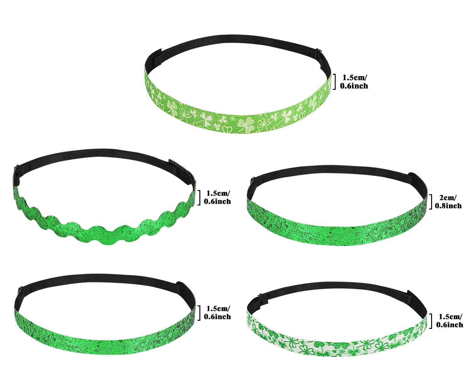 MoKo St Patricks Day Headband 5Pack, Non-Slip Stretchy Green Glitter Clover Headbands Accessories for Women Girls Teens
