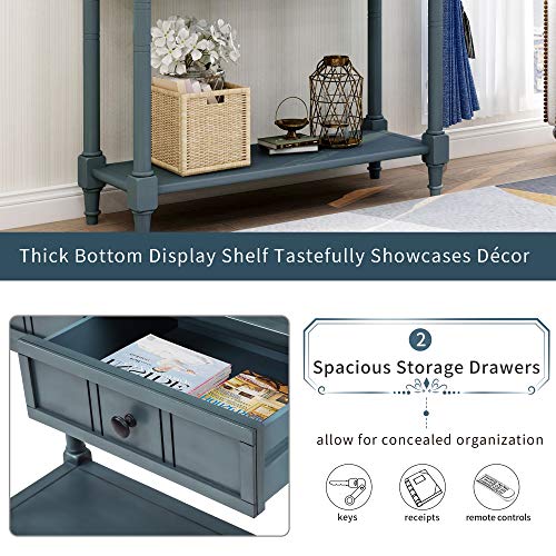 Merax Narrow Console Sofa Table with Drawers and Long Shelf for Living Room, Entryway/Hallway, Retro Navy