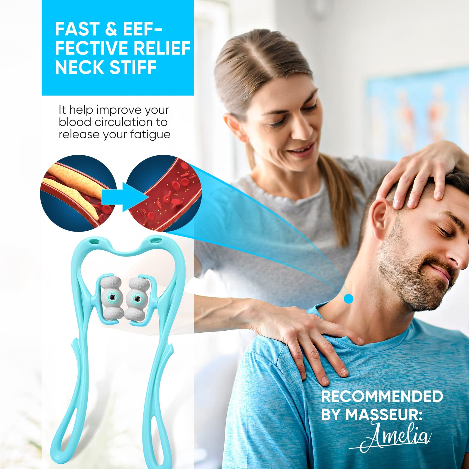 Neck Massager, Trigger Point Neck Roller, Neck Massager for Pain Relief Deep Tissue, Handheld Shoulder Massager Tool with 6 Balls Massage Point, Suitable for Legs, Waist, Neck and Shoulder Relaxer