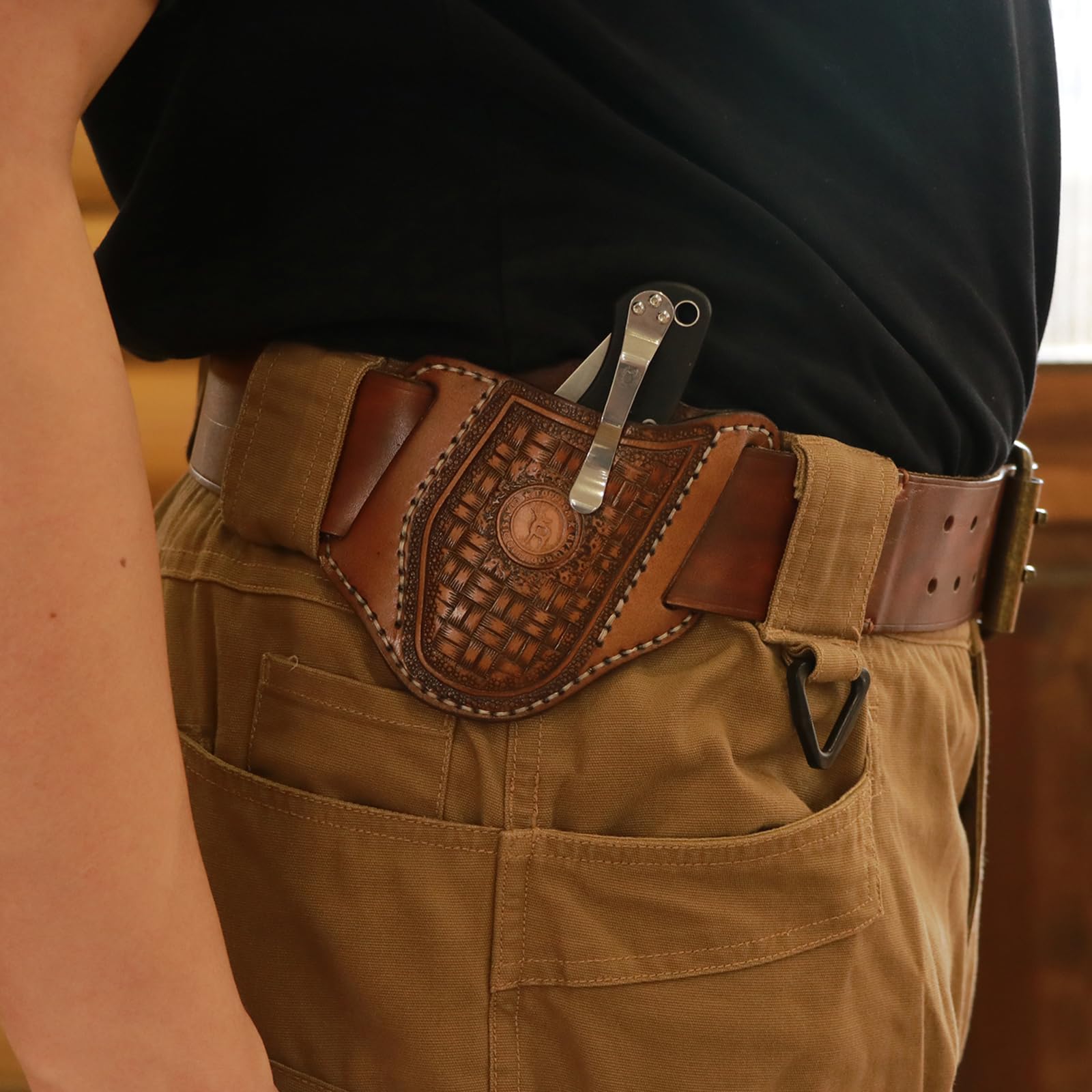 Tourbon Handmade Leather Pocket Knife Sheath 1.5" Large Diameter Open for 2" Wide Belt Cross Draw Folding Knives Carrier Men EDC Holster