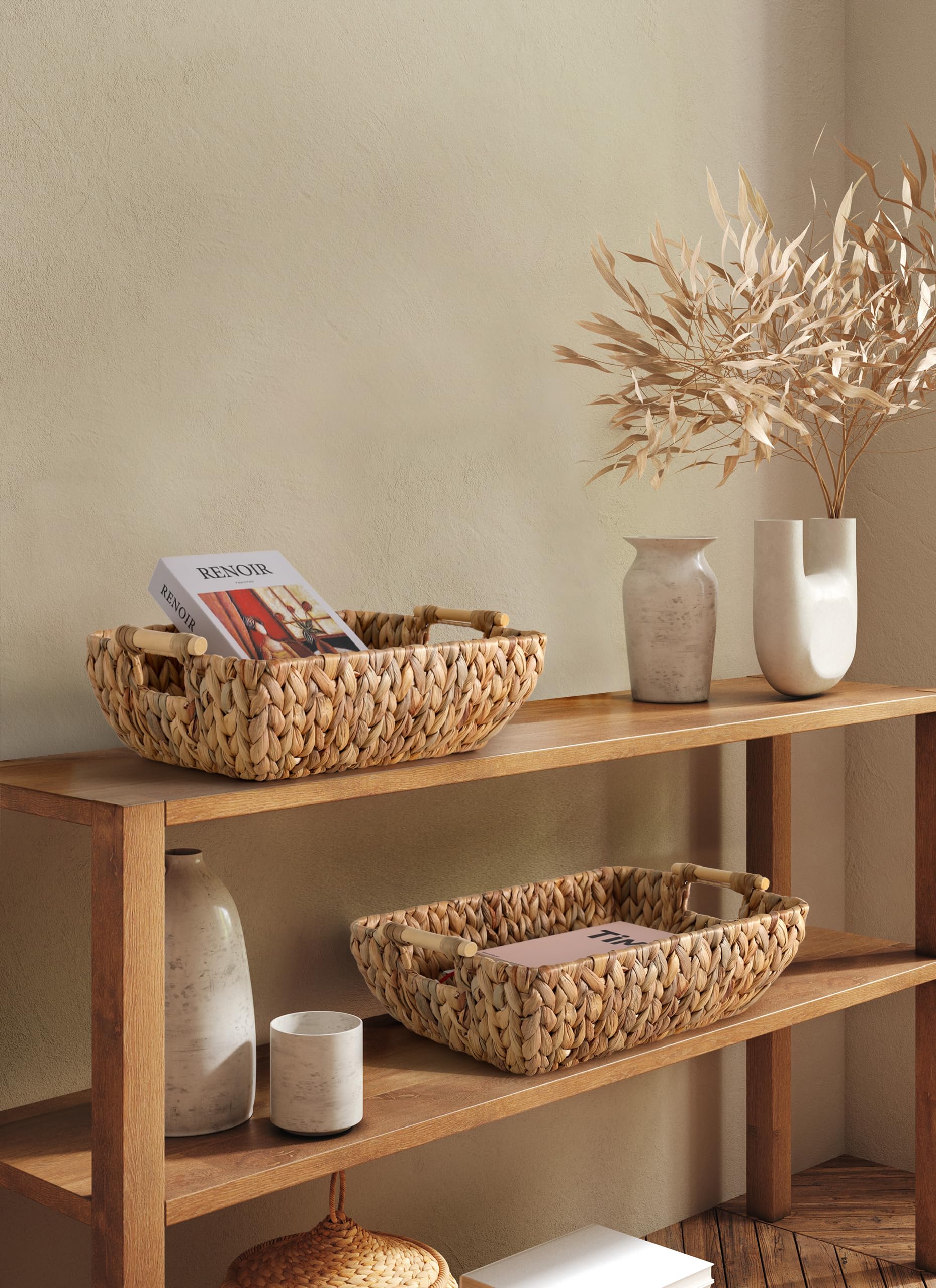 Water Hyacinth Storage Baskets with Wooden Handles,Large Wicker Baskets for Organizing Set of 2
