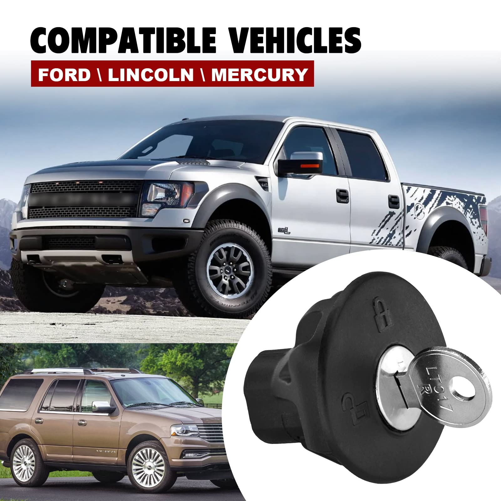 Locking Gas Cap Fuel Tank Cap w/Keys 8U5Z-9C268-B Compatible with - 2009-2019 Explorer Escape Expedition F150 Fusion Taurus Mustang MKZ Navigator