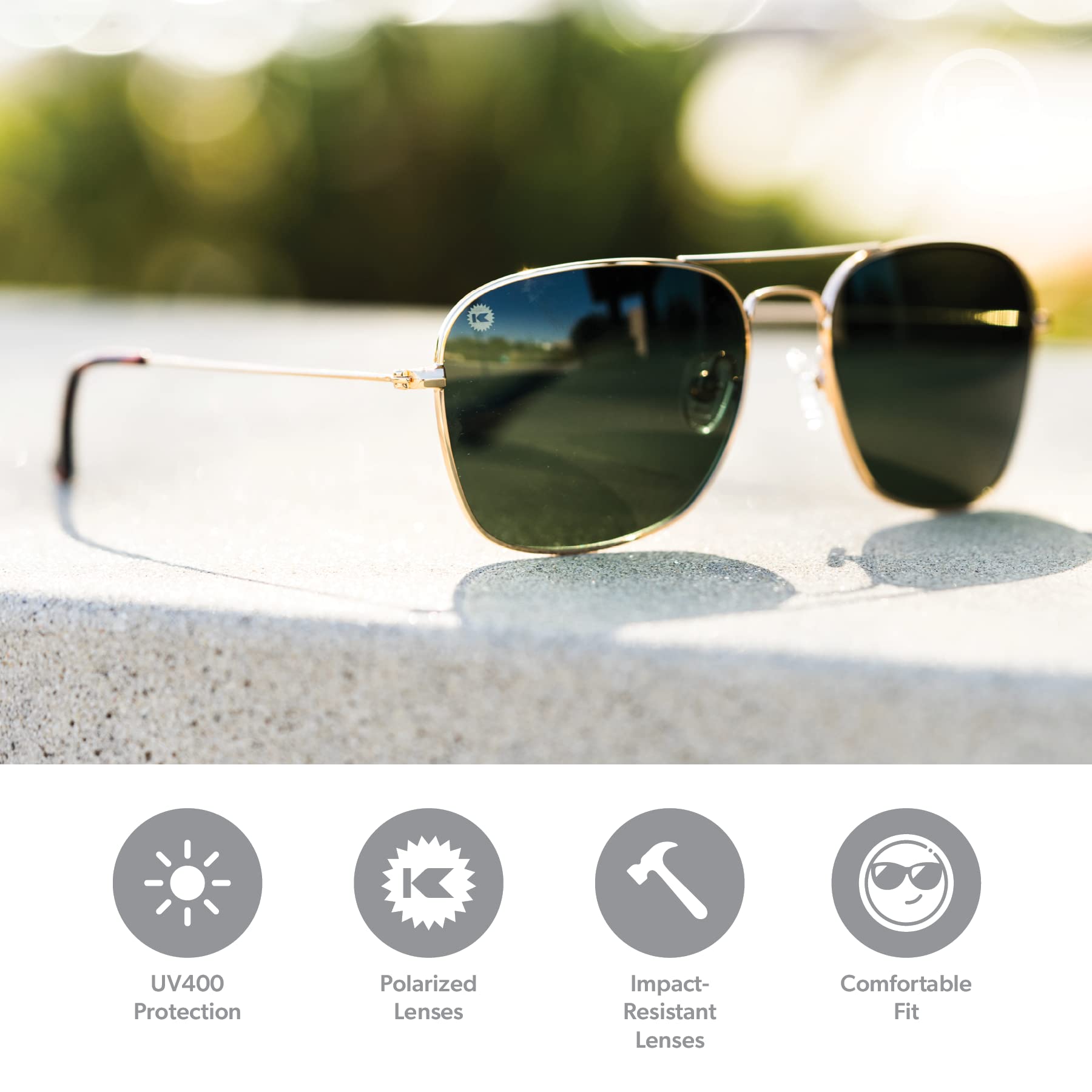 Knockaround Mount Evans Polarized Sunglasses - Squared Aviator Style Sunglasses with Full UV400 Protection, Gold Metal Frames/Dark Green Lenses