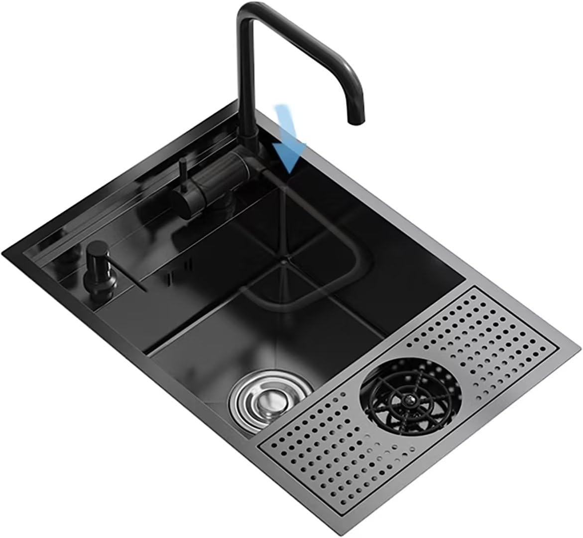 JINGTAO Hidden Sink Bar Counter Handmade Single Sink Household Kitchen Sink with Cup Washer Arc Folding Faucet + Soap Dispenser (Color : Black, Size : 60 * 40 * 22cm)