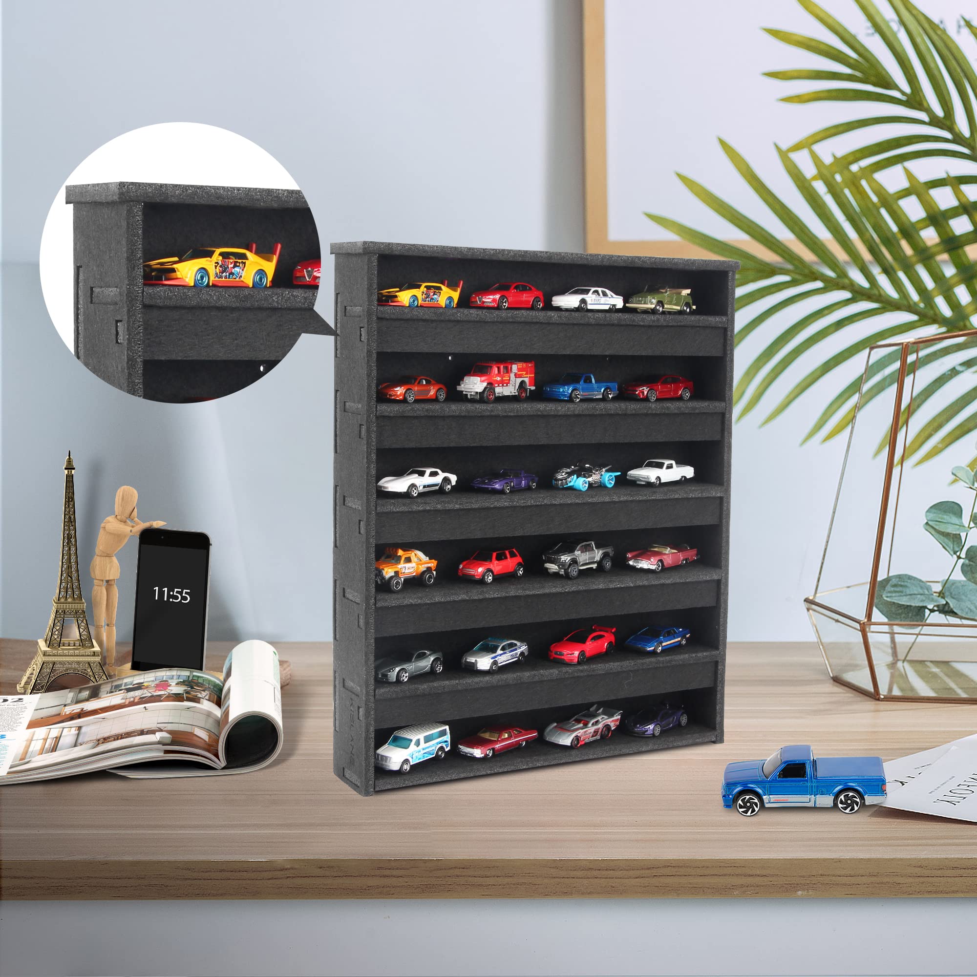 KISLANE Assemblable Kids Display Case Compatible with Toy Cars, Display Case Fit for Toy Cars Case & Matchbox Cars, Wall-Mounted Storage Organizer Case (Black)