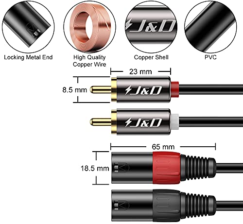 J&D 2 RCA to XLR Male Cable (6 Feet), Unbalanced Dual XLR to RCA Male Connection Cable for Speakers, Amplifiers, HiFi Stereo Audio Systems
