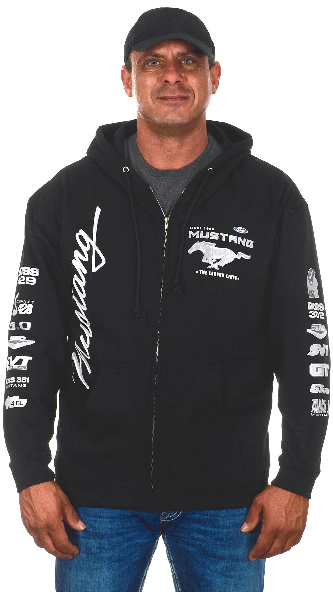 JH DESIGN GROUP Men's Ford Mustang Collage Black Zip Up Hoodie Sweatshirt (Large, CLG2-black)