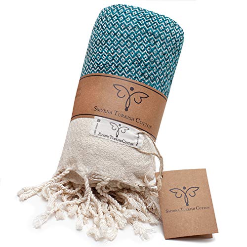 SMYRNA TURKISH COTTON 60 x 80 inches Large Throw Blanket, Vintage Series, 100% Oeko-Tex Cotton, Machine Wash, Super Soft, Outdoor Throws and Blankets for Couch, Sofa, Bed, Beach, Picnic, Petrol