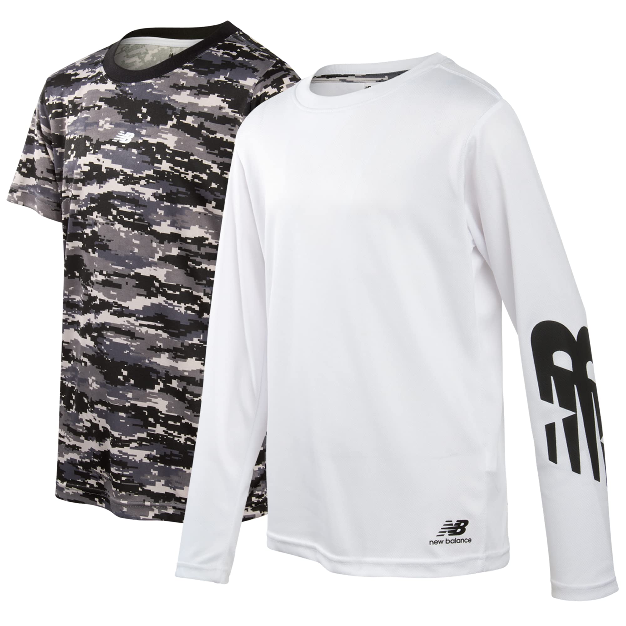 New Balance Boys' Athletic T-Shirt - 2 Pack Active Performance Dry-Fit Sports Short and Long Sleeve Shirt (8-20), Size 10-12, White Camo/Grey