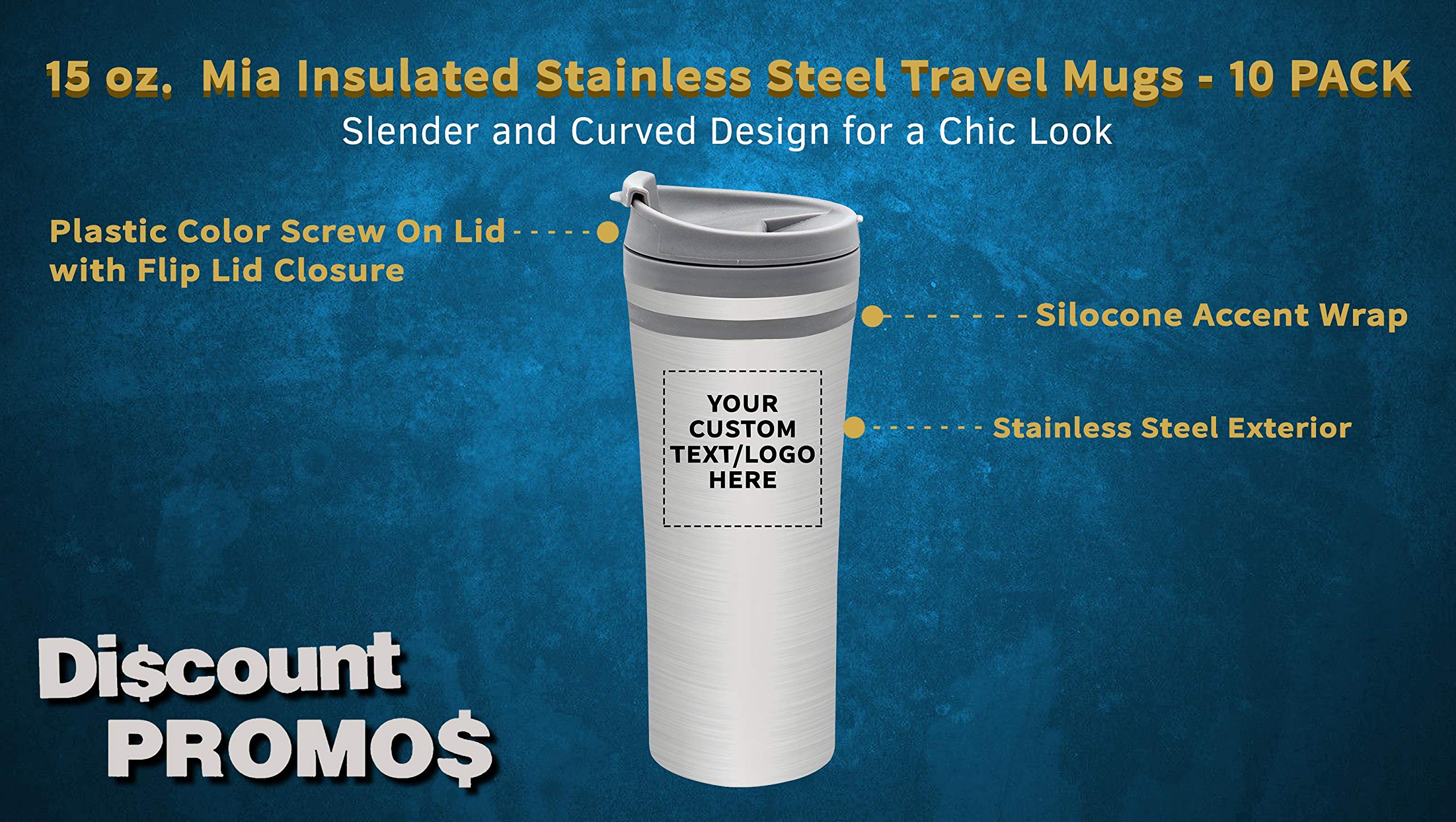 Personalized 15 oz. Mia Insulated Stainless Steel Travel Mugs - 10 pack Custom Text, Logo - Grey