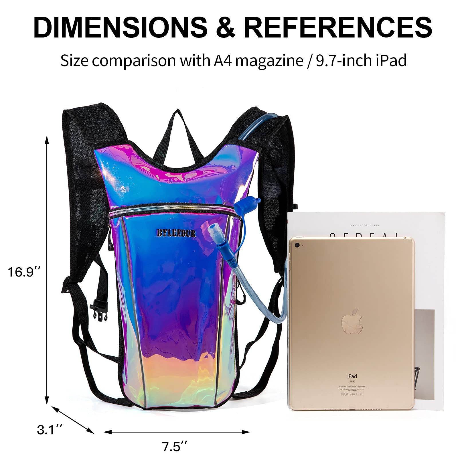 Hydration Backpack with 2L Water Bladder for Men & Women Suitable for Festivals, Raves, Hiking, Biking, Climbing, Running, Outdoors and More (Holographic - Purple)