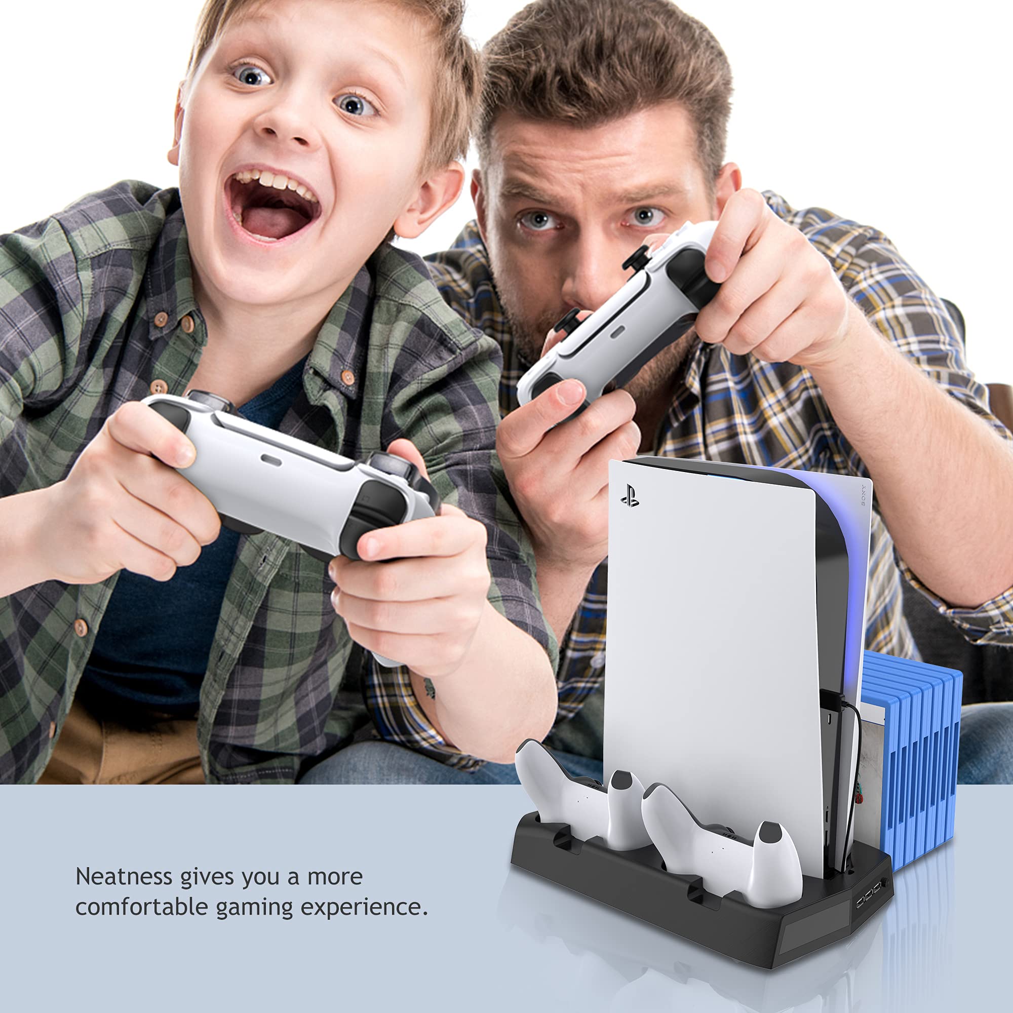 KIWIHOME PS5 Accessories Stand, PS5 Cooling Stand with Suction Cooling Fan and Dual Controller Charger Station for PS5 Console, 3 USB Ports &14 Game Slots for PS5 Digital & Disc Edition