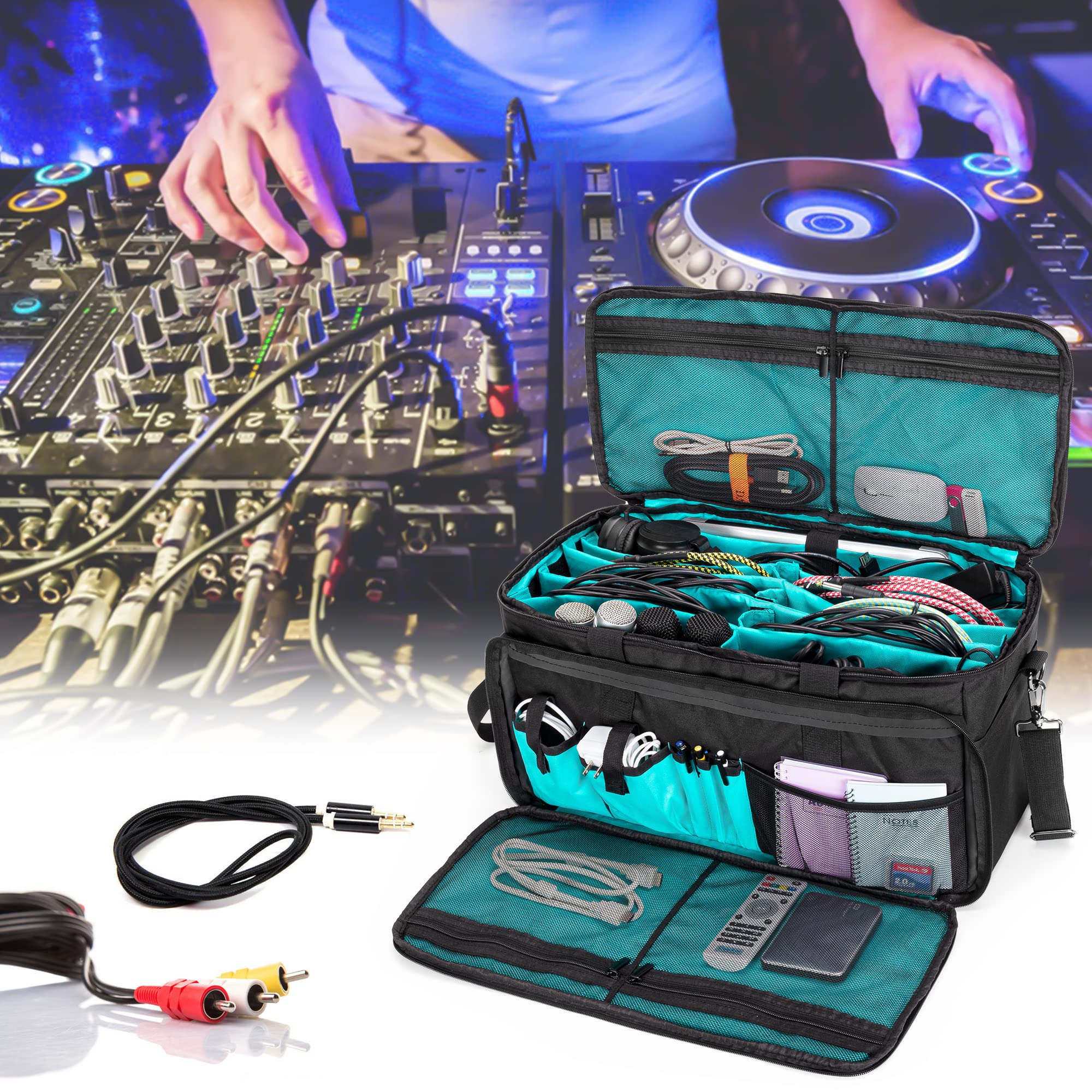 LoDrid Large Cable File Bag with Inside Padded Bottom and Detachable Dividers, DJ Bag with Multiple Pockets for 15.6” Laptop, DJ Gear, Sound Instrument, and Music Equipment, Black