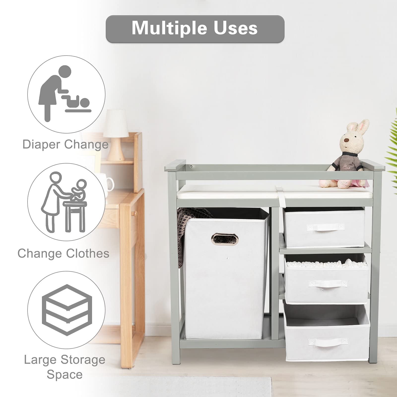 Kinsuite Baby Care Table - Diaper Changing and Clothes Table, with Storage Cloth Drawer and Dirty Clothes Basket, Including Cushion, Safe and Comfortable, Grey