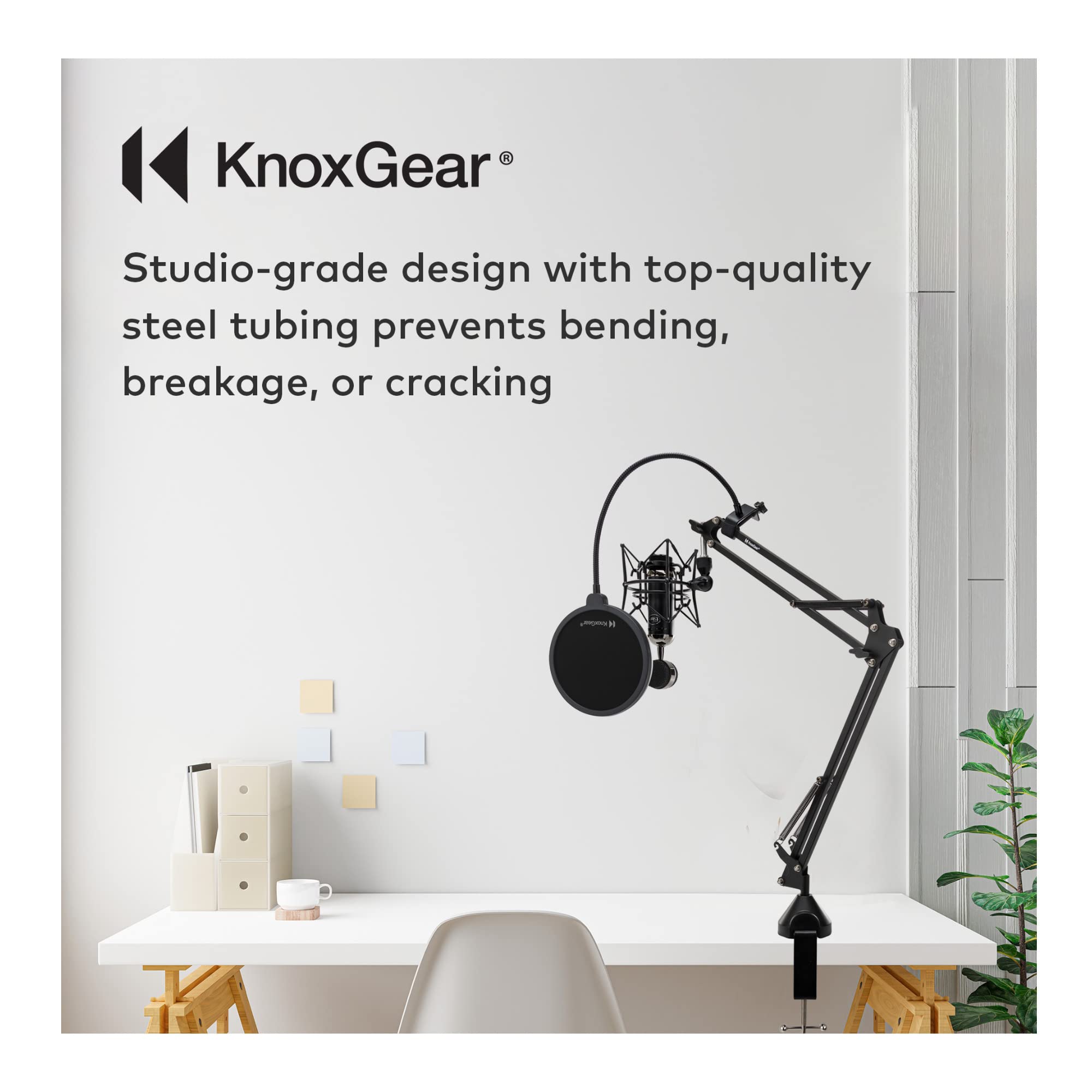 Knox Gear Boom Arm Microphone Stand for Podcasts, Studio Recording, Radio Broadcast, and Gaming, Microphone Desk Stand with 360-degree Rotation, Black Microphone Stand with 5/8-inch Screw Adapter