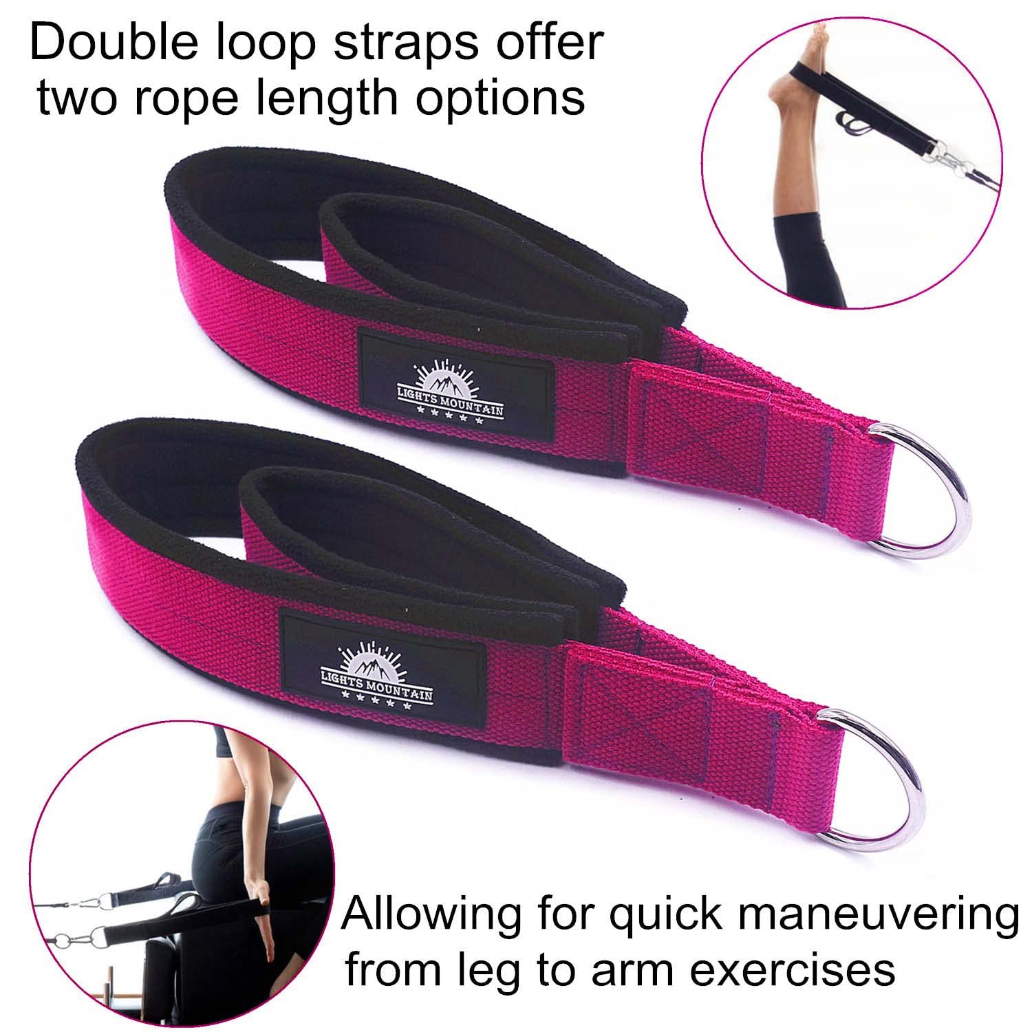 Lights Mountain 1 Pair Pilates Double Loop Straps for Reformer, Fitness D-Ring Straps Handle, Yoga Exercise Accessories for Home Gym Workout