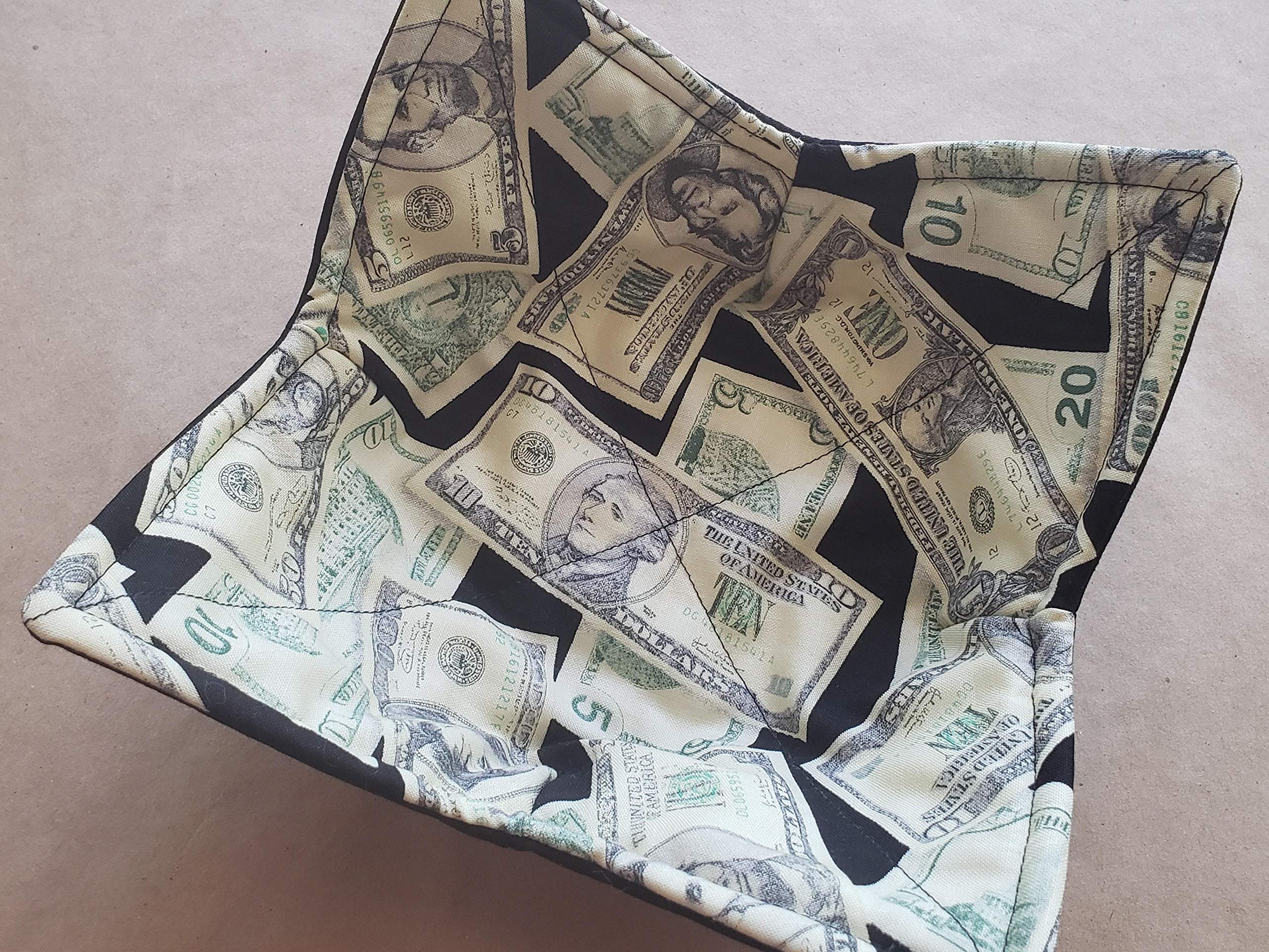 Money Microwave Bowl Cozy Cash Reversible Microwaveable Soup Potholder Bowl Buddy Dollar Bills Kitchen Linens Finance Econ Teacher Gifts Handmade Housewarming Hostess Gift Under 10