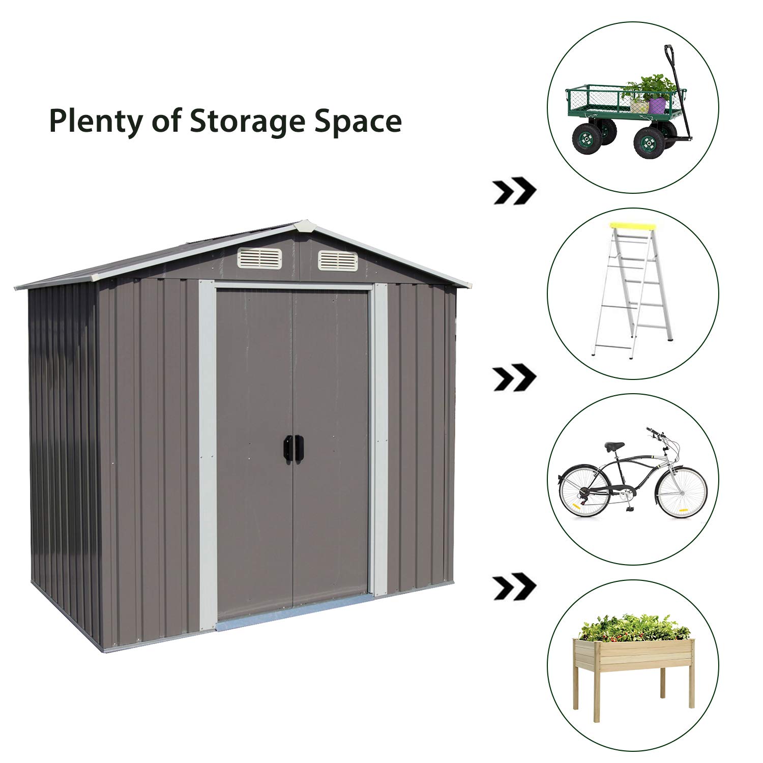 Kinsutie 6' x 4' Outdoor Steel Garden Storage Shed Utility Tool Backyard Lawn Grey with White w/Lockable Doors