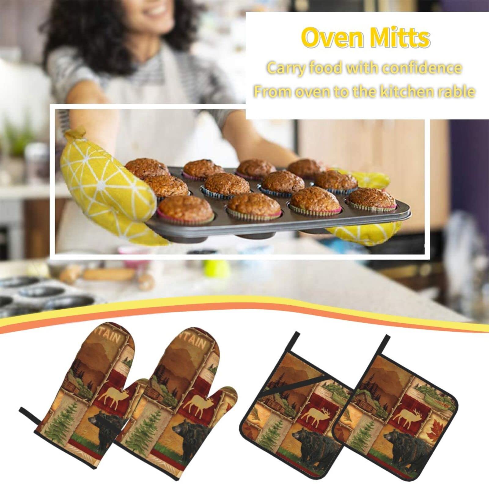 Msacrh Lodge Style Northwoods Cabin Oven Mitts and Pot Holders Sets of 4,Cotton Lining with Non-Slip Hot Pads,Heat Resistant Oven Gloves for Kitchen,Cooking,Baking,Grilling